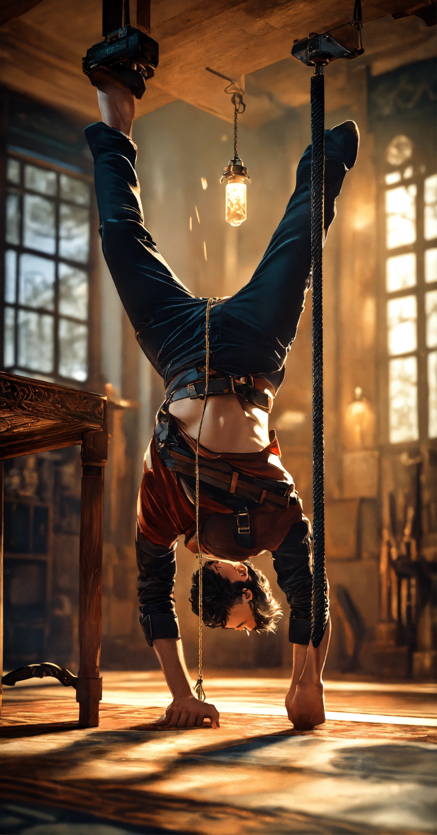Lexica - A man hanging upside down by his leg while his other leg is ...