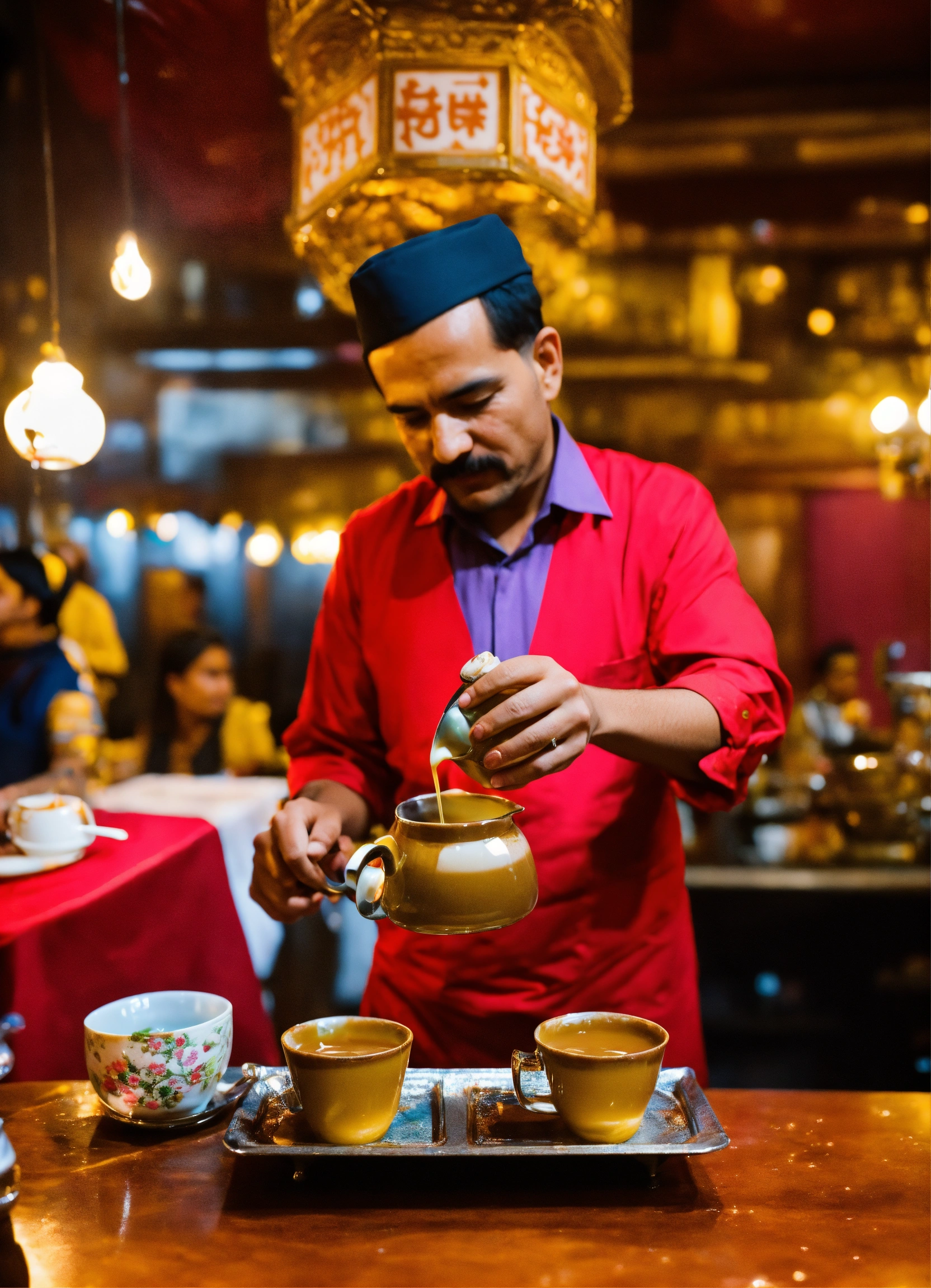 Lexica - Chai master pouring Chai tea from one cup to another cup that ...