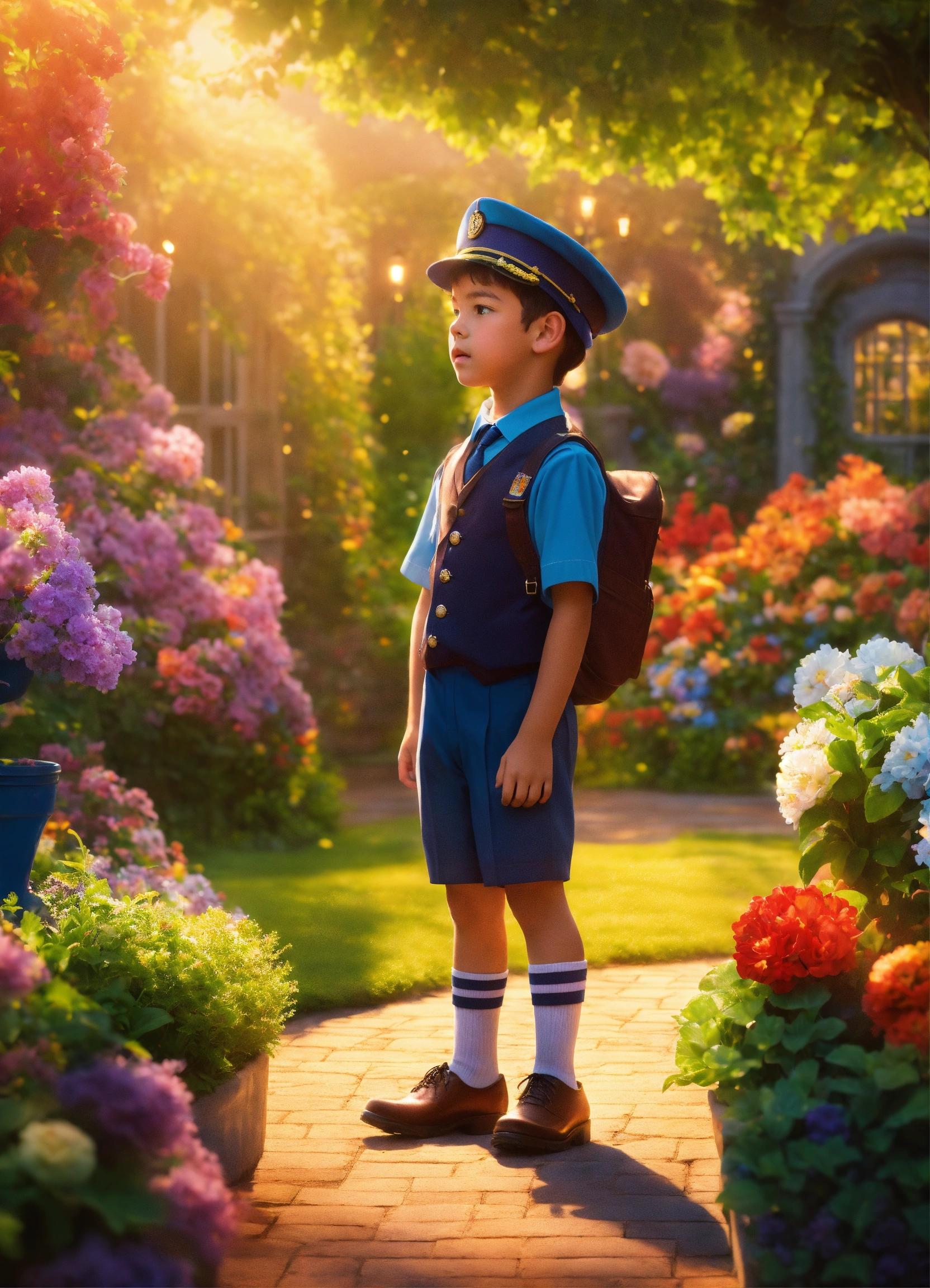 Lexica - Create an image of a young schoolboy in uniform, standing in a ...