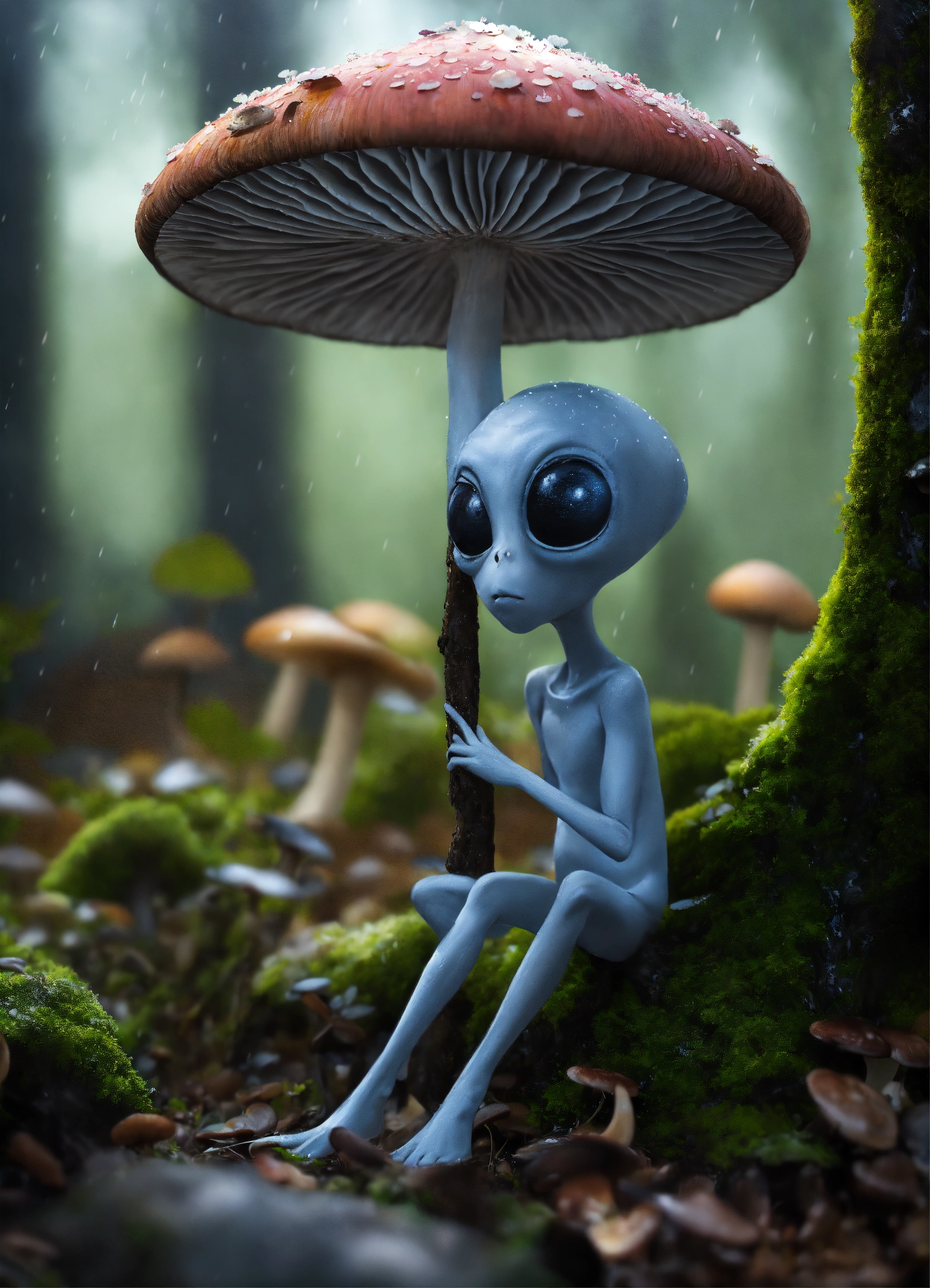 Lexica - A realiste grey alien , big eyes blacks , mushrooms in trees ...