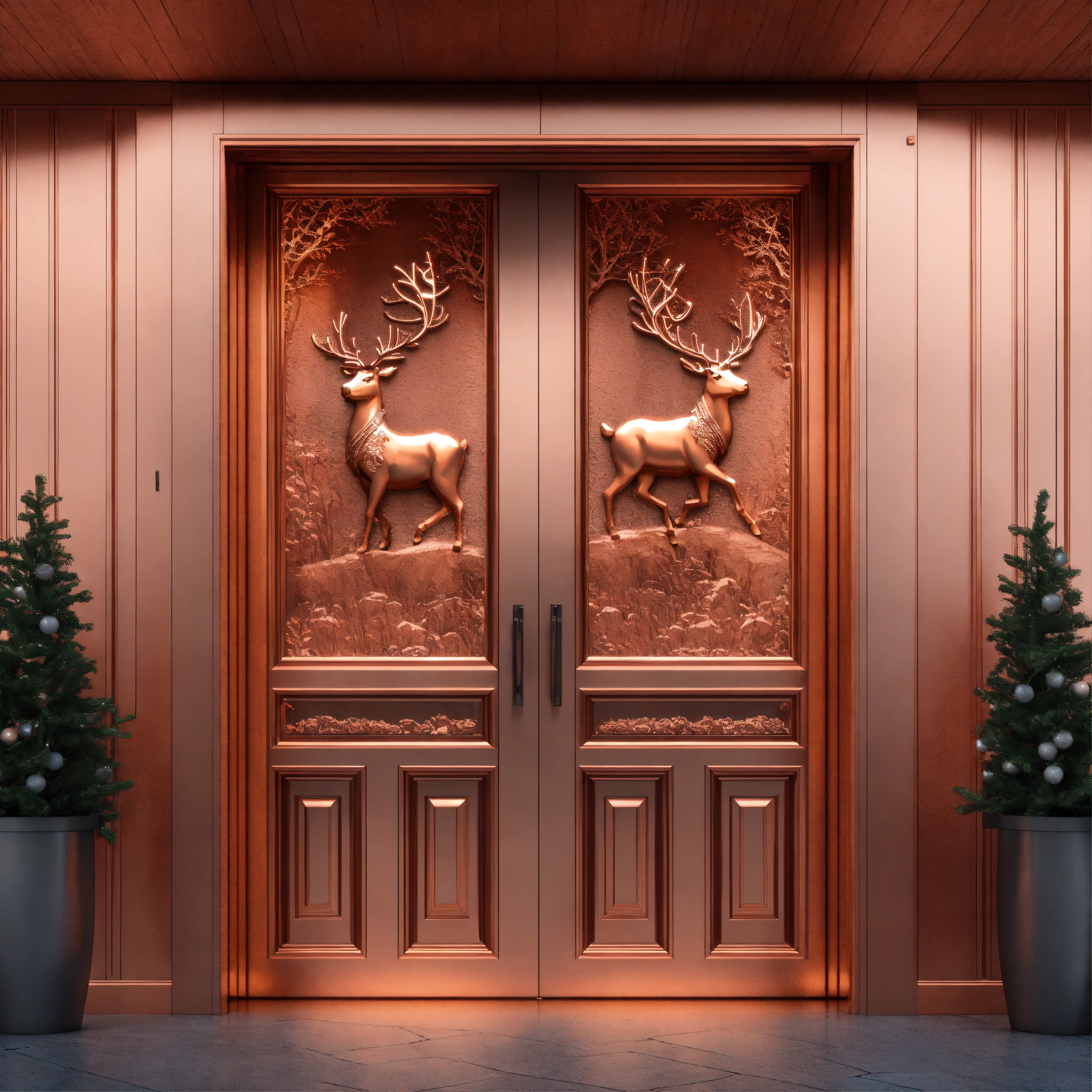 Lexica - 3D double doors engraved copper reindeer and hyper realistic 8k