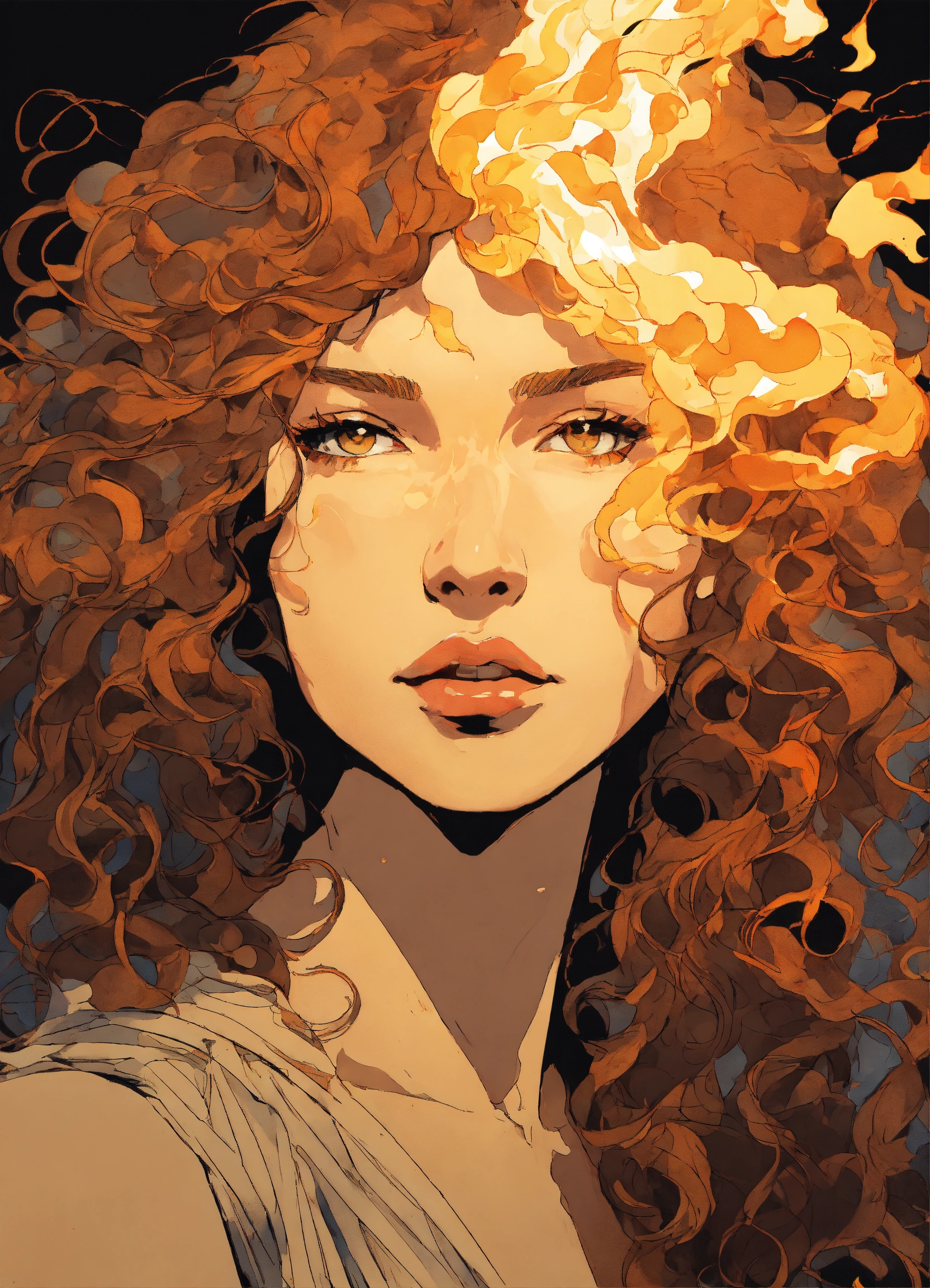 Lexica - A portrait. a long-haired woman with curly brown hair swirling ...