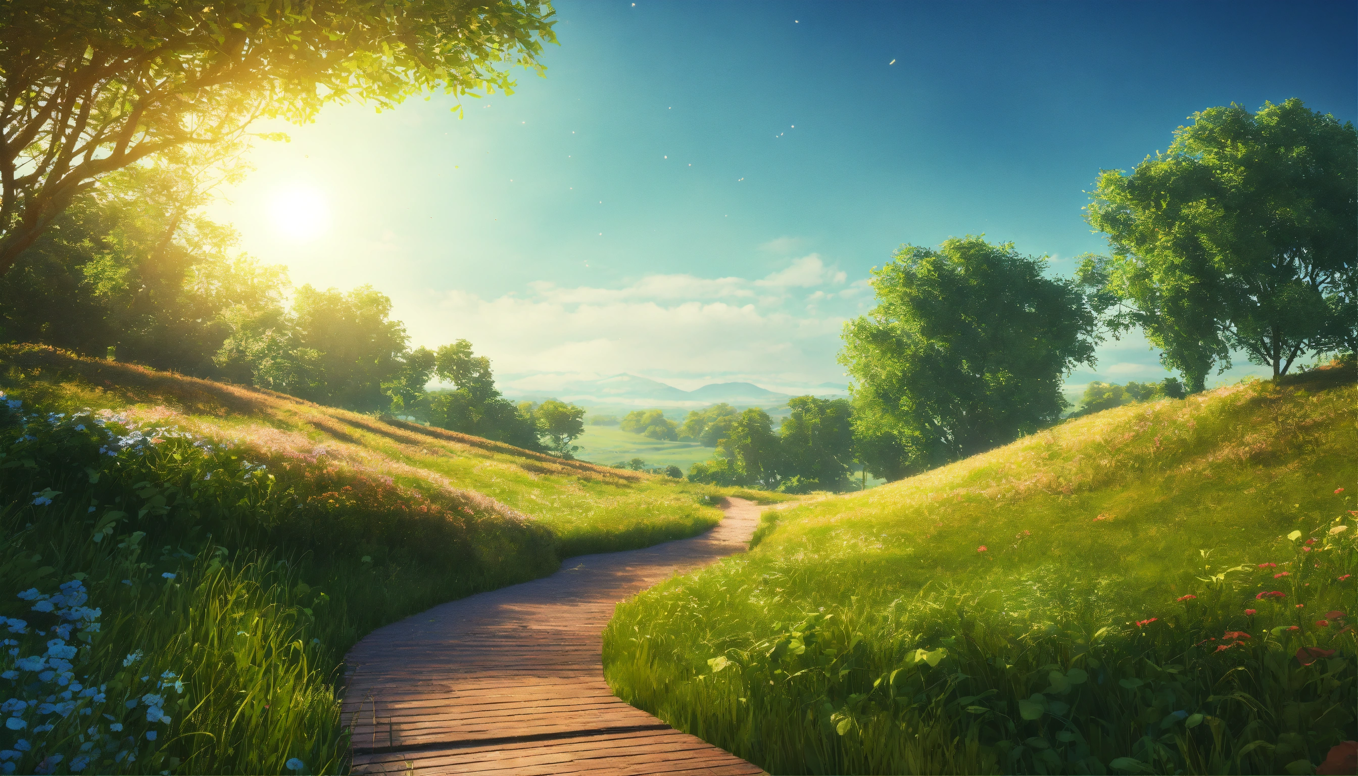 Lexica - Detailed landscape of grass and vegetation, paths, blue sky ...