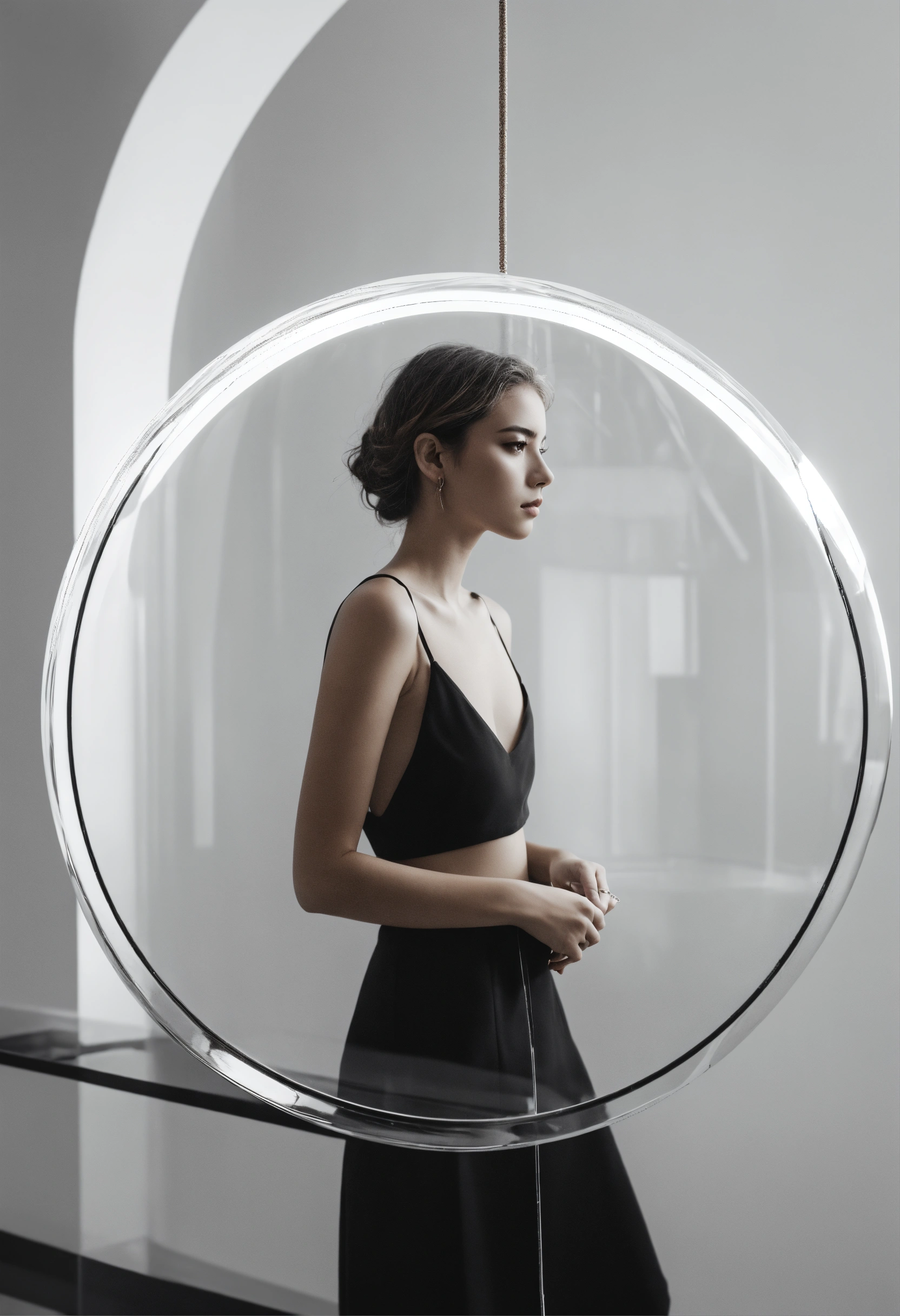 Lexica - Women look in clear looking transparent glass circle, black ...