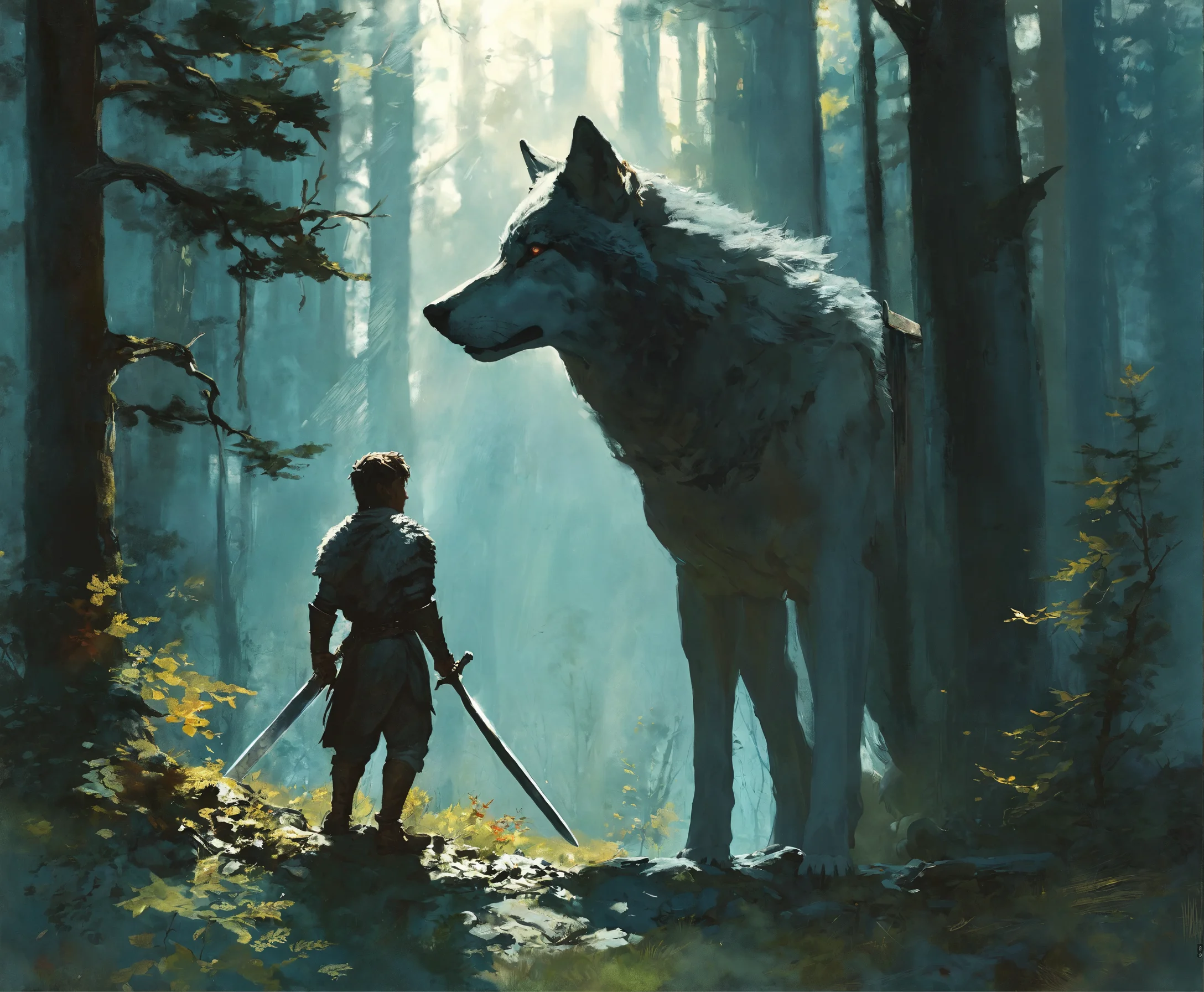 Lexica - In a quiet forest where sunlight danced hero held a sword in ...