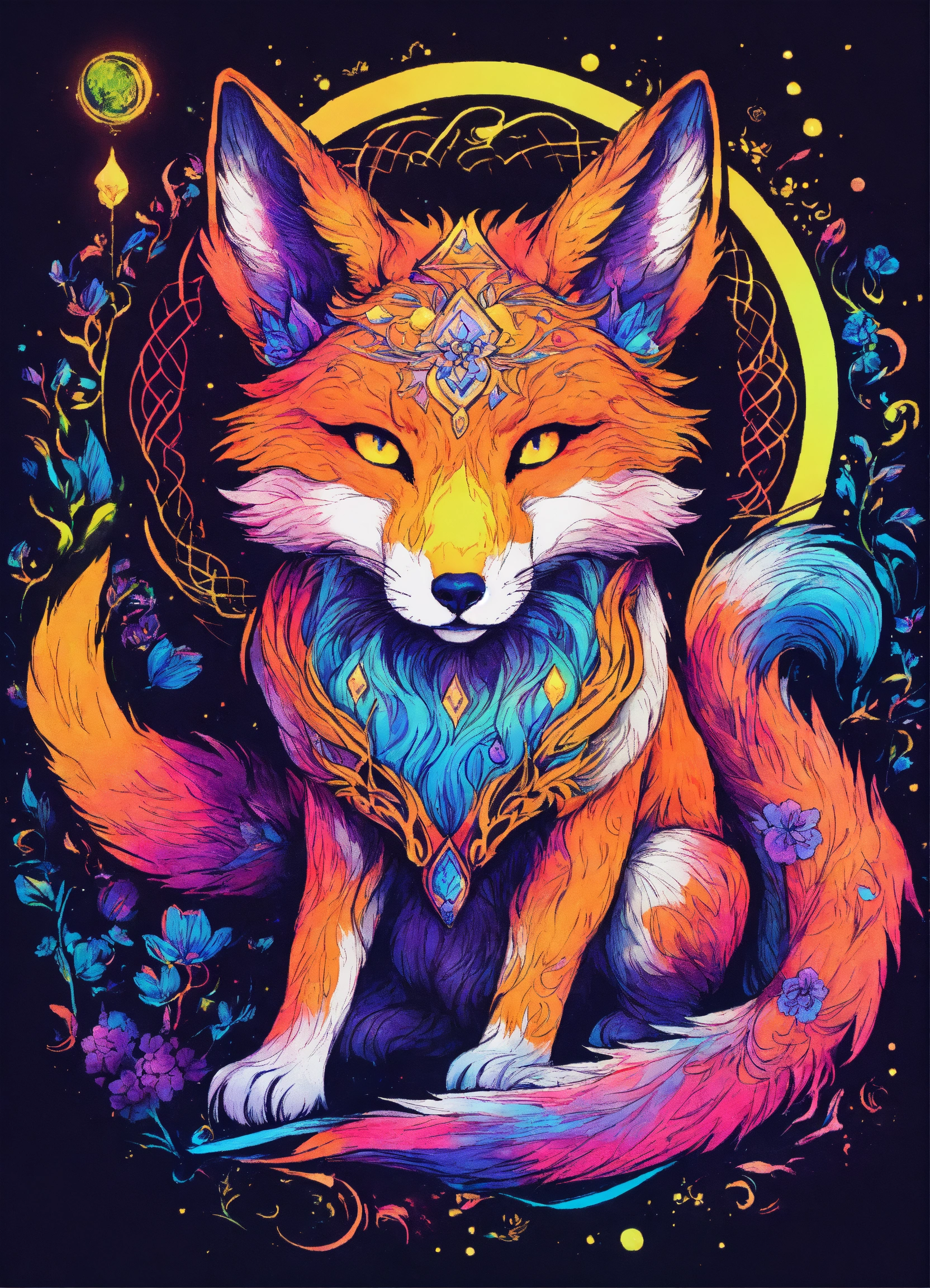 Lexica - INK DRAWING MYSTICAL and magical Kitsune in fluo colour blend ...