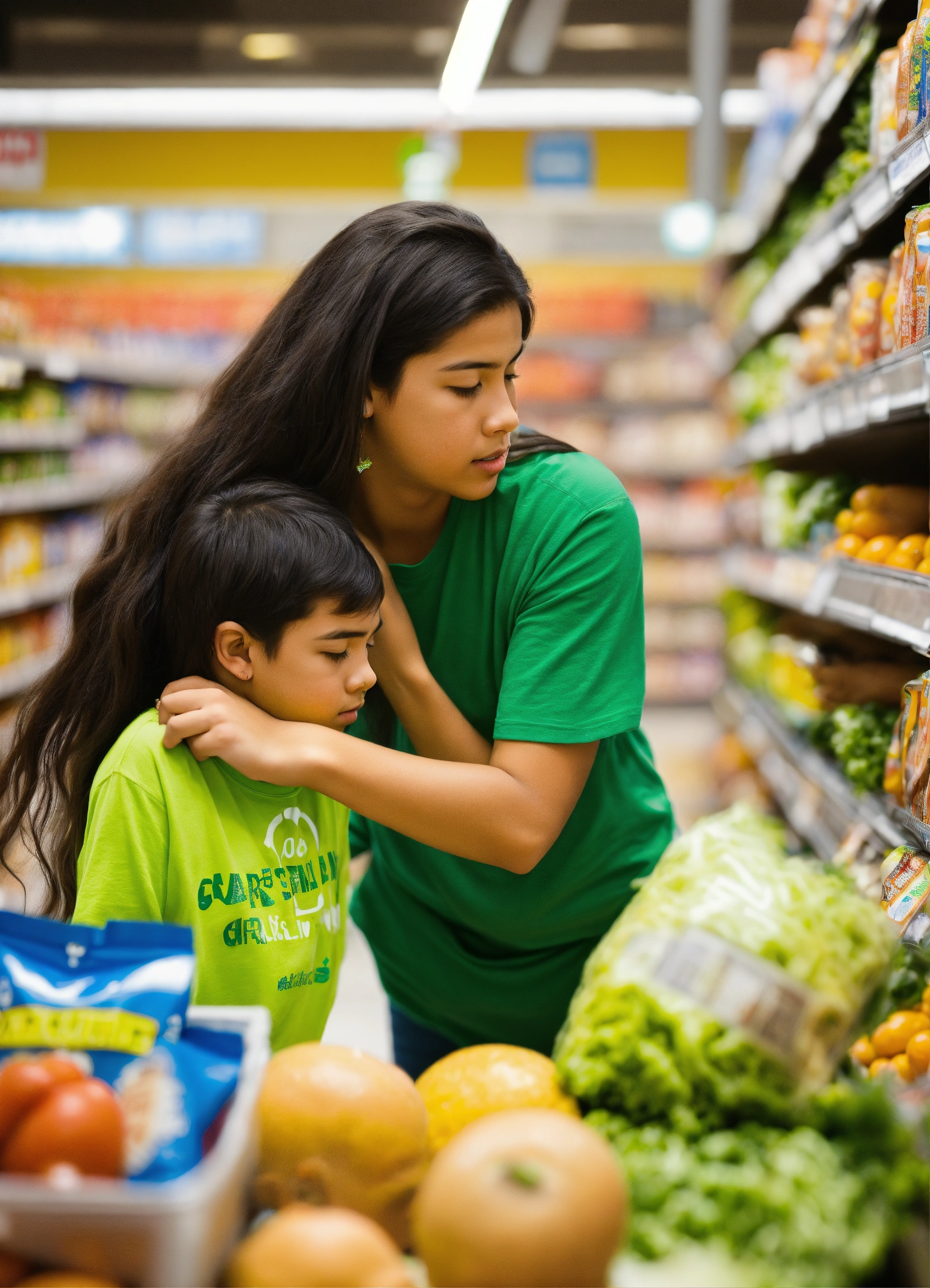 Lexica - Young Mother with long hair helping Hispanic boy in a green ...