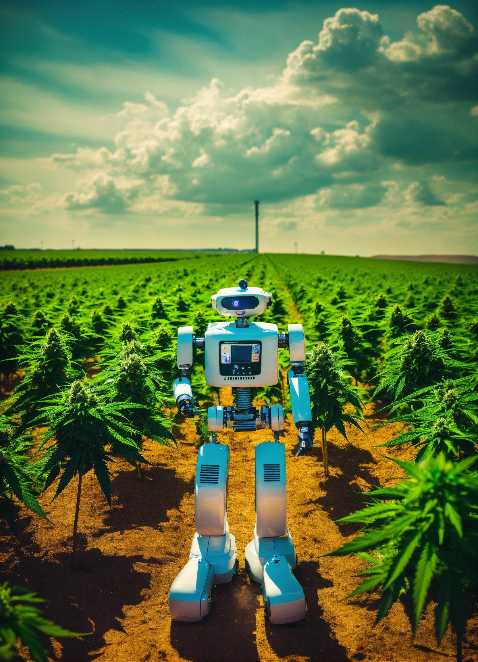 Lexica - Smoking Marijuana, funny robot, IA, marijuana plant fields,