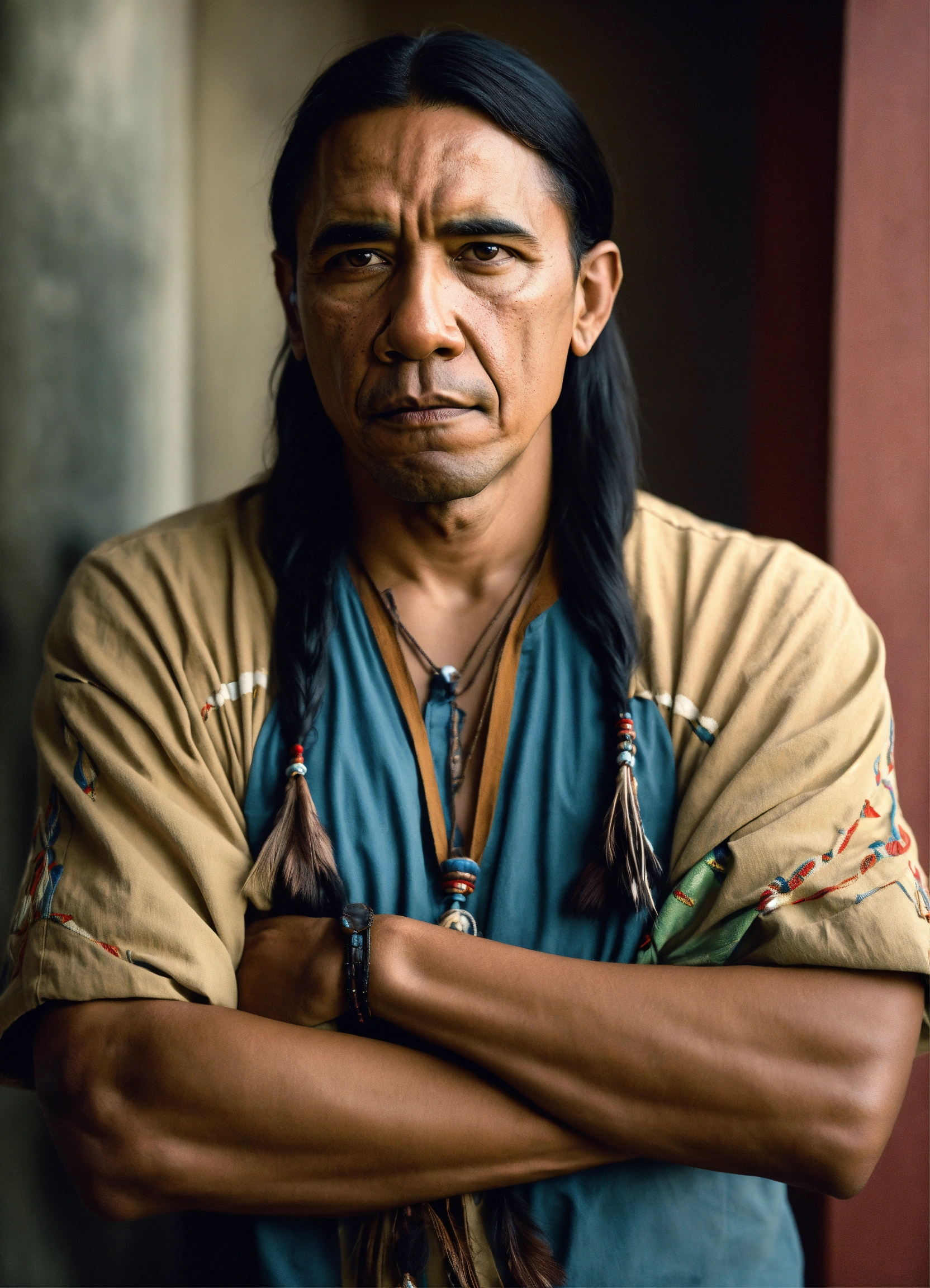 Lexica - Scared native american man, FRONT VIEW, casual clothes, arms ...