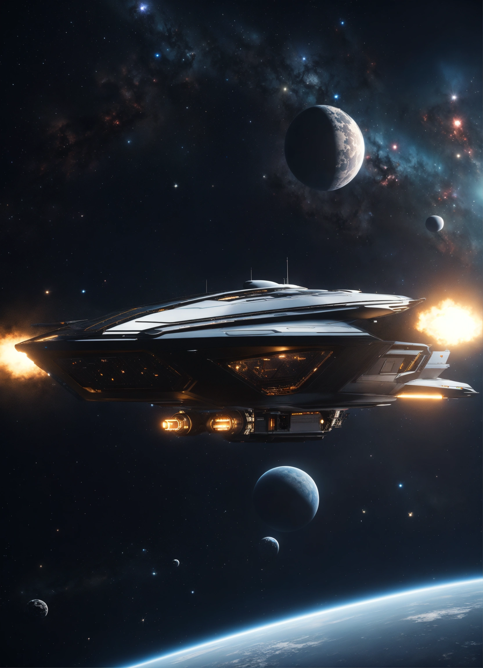 Lexica - Luxurious sleek black space yacht shooting out in deep space ...