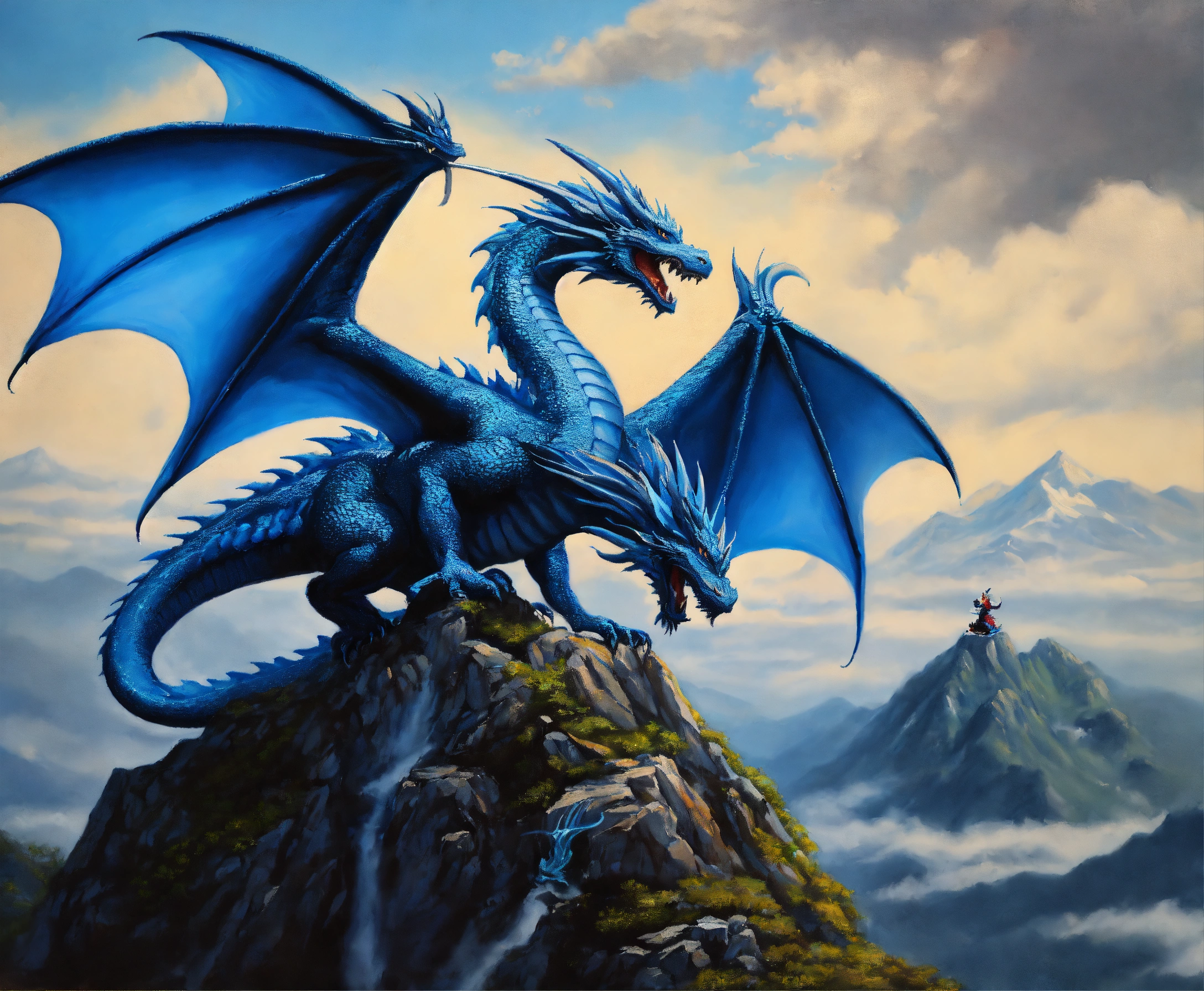 Lexica - Oil painting of a big blue dragon and a small blue dragon ...