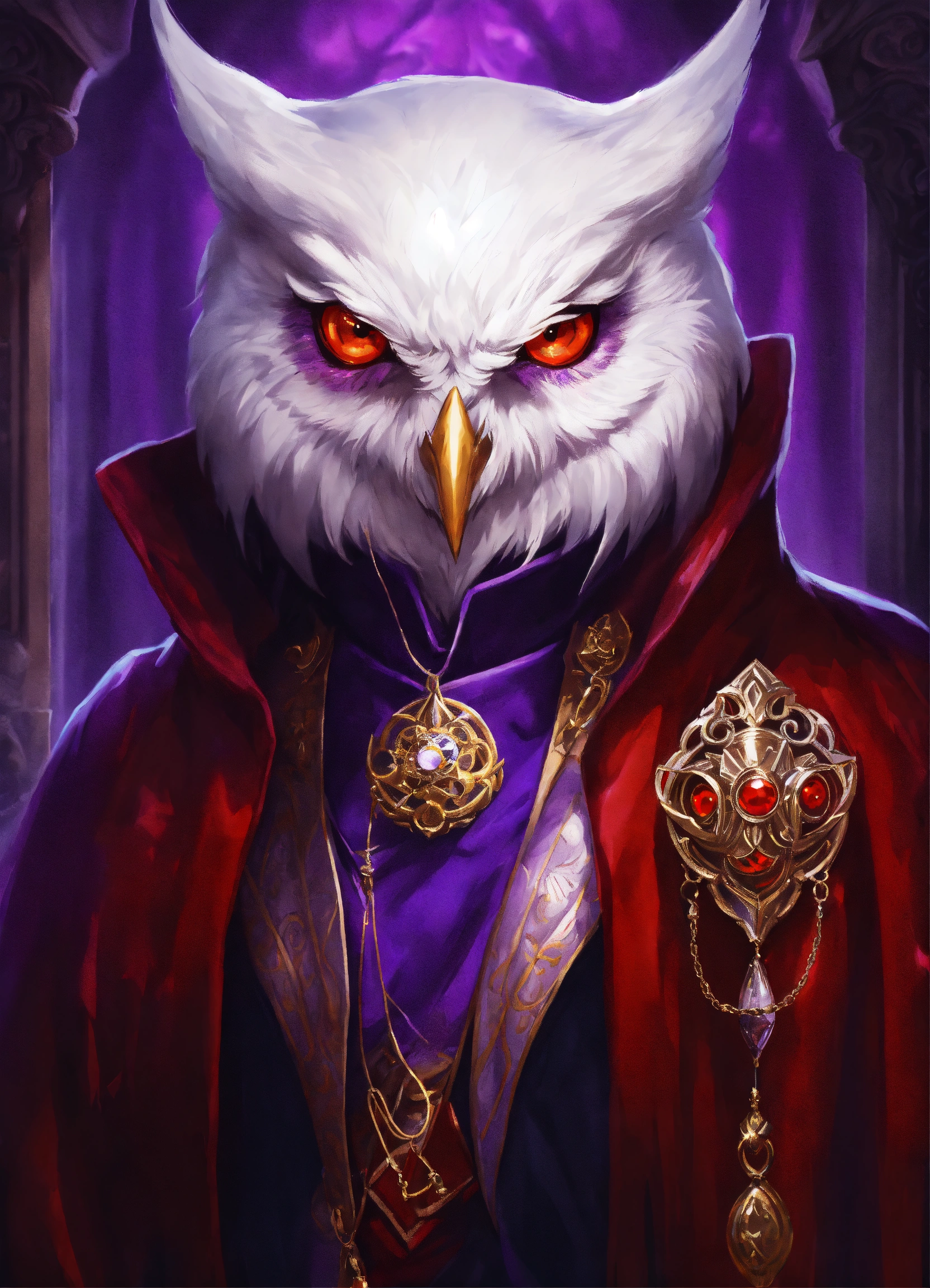 Lexica - Fantasy Portrait of a owlin sorcerer, white face, evil red ...