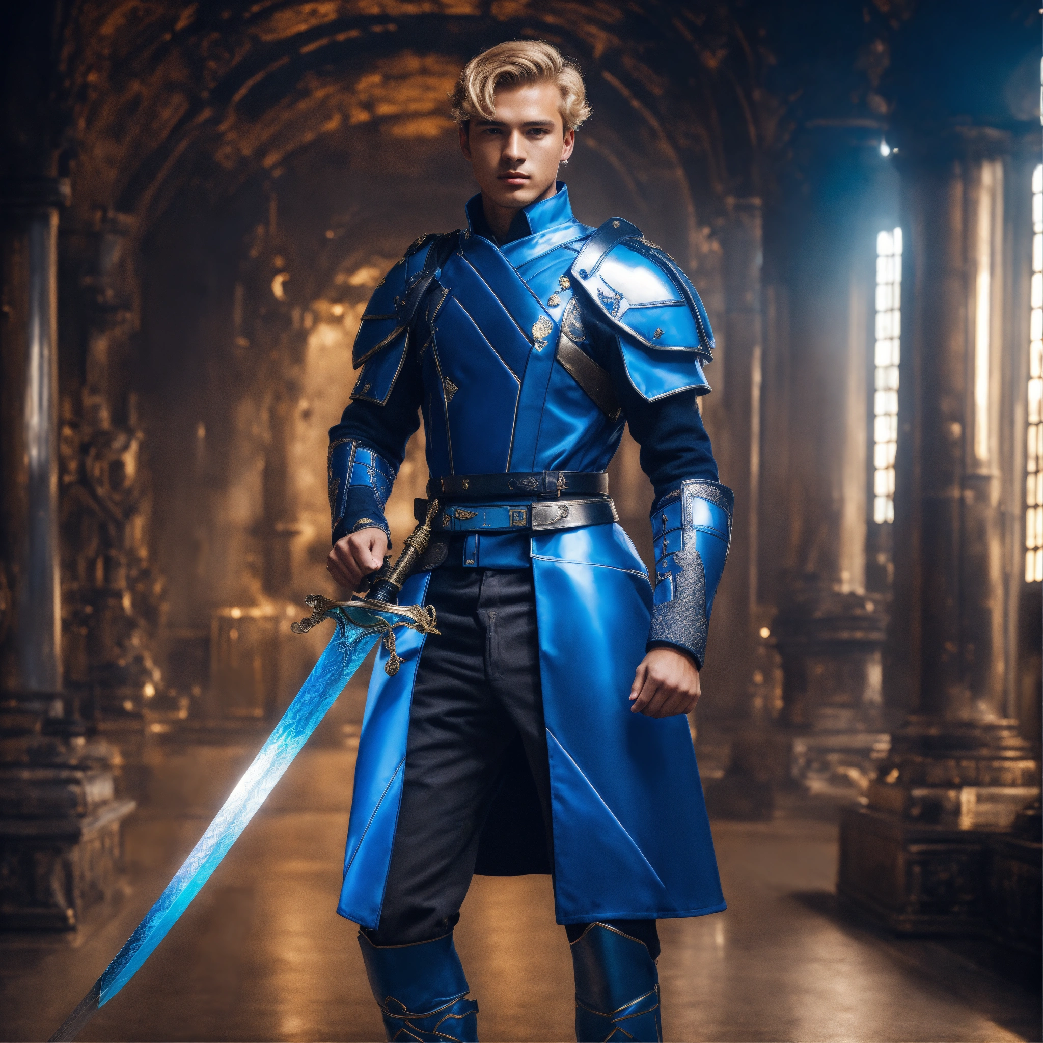 Lexica - Young blode male noble in futuristic blue uniform with steel ...