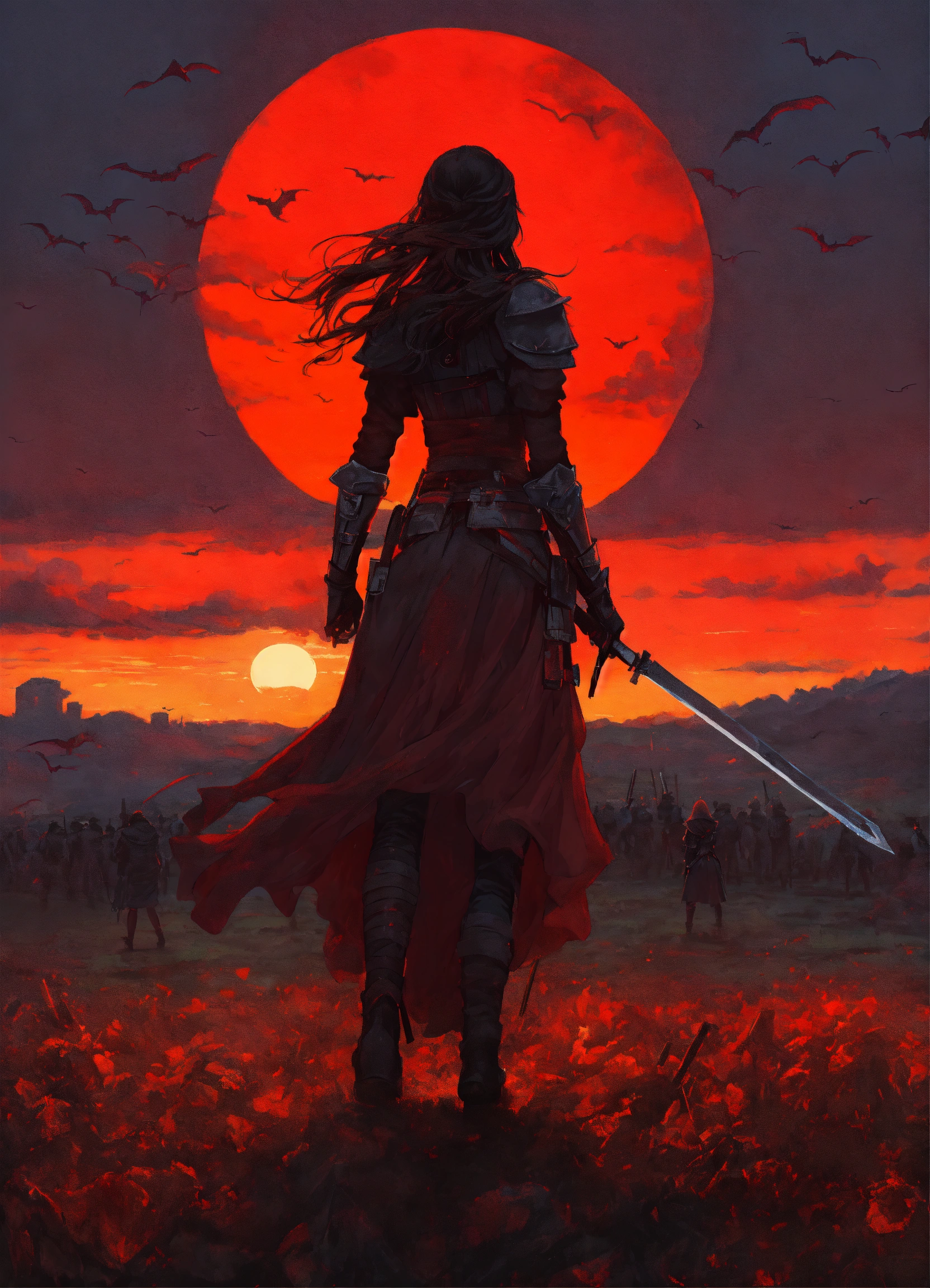 Lexica - Back view of an assassin woman on a batte field covered by ...