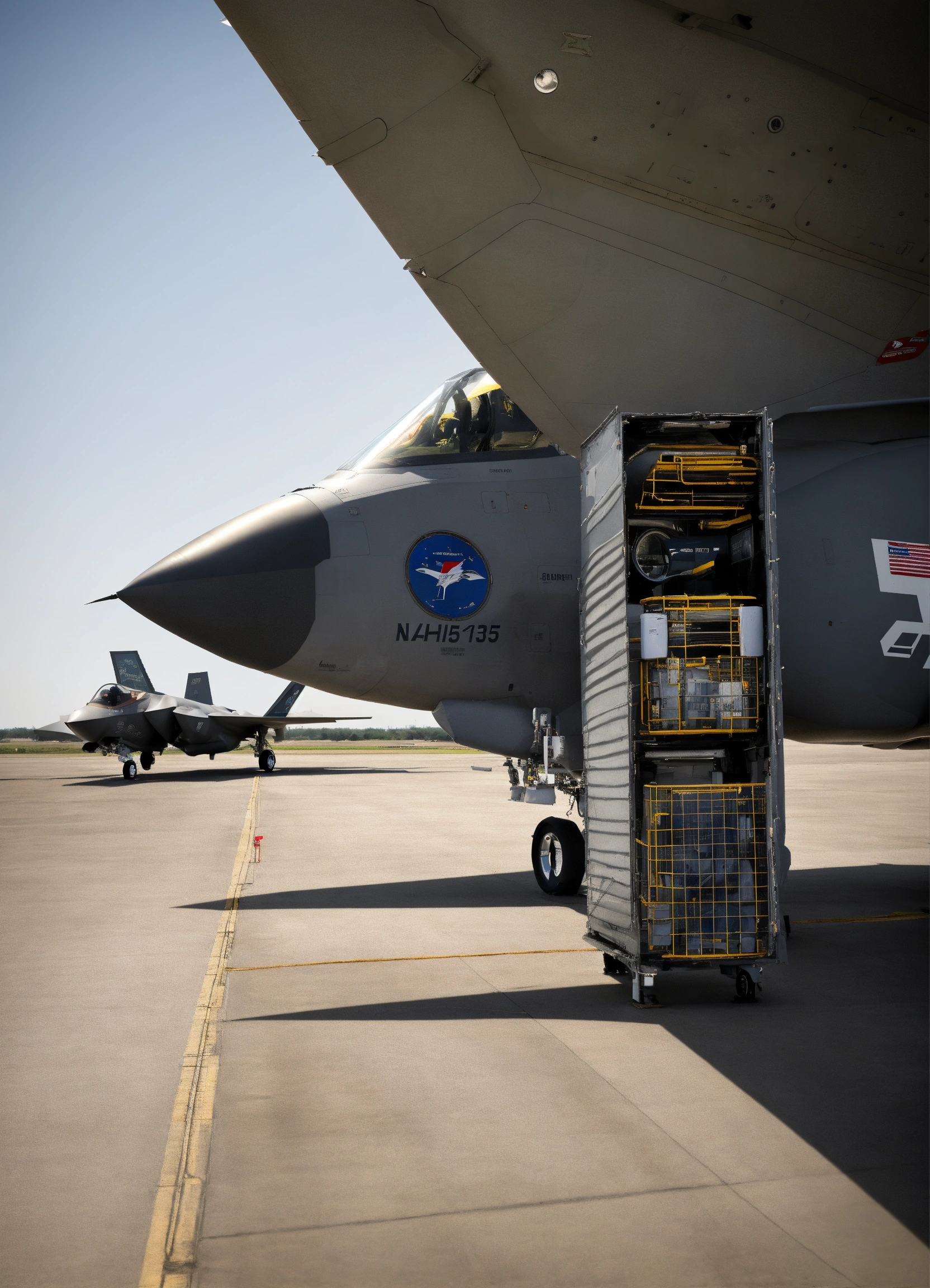 Lexica - A washing machine stands in front of an F35 plane