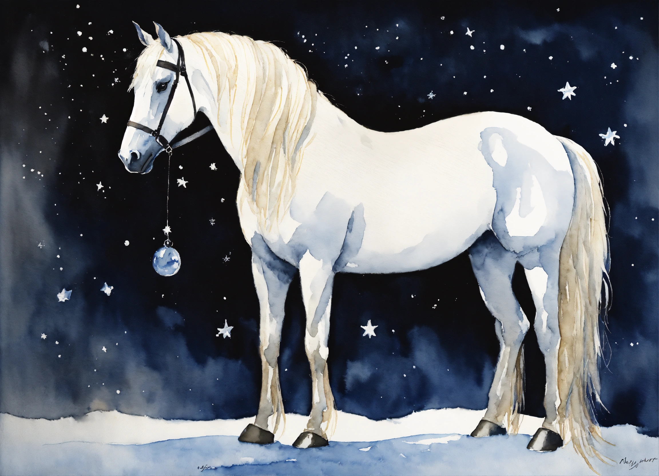 Lexica - Pure black background, a single magical white Christmas horse ...