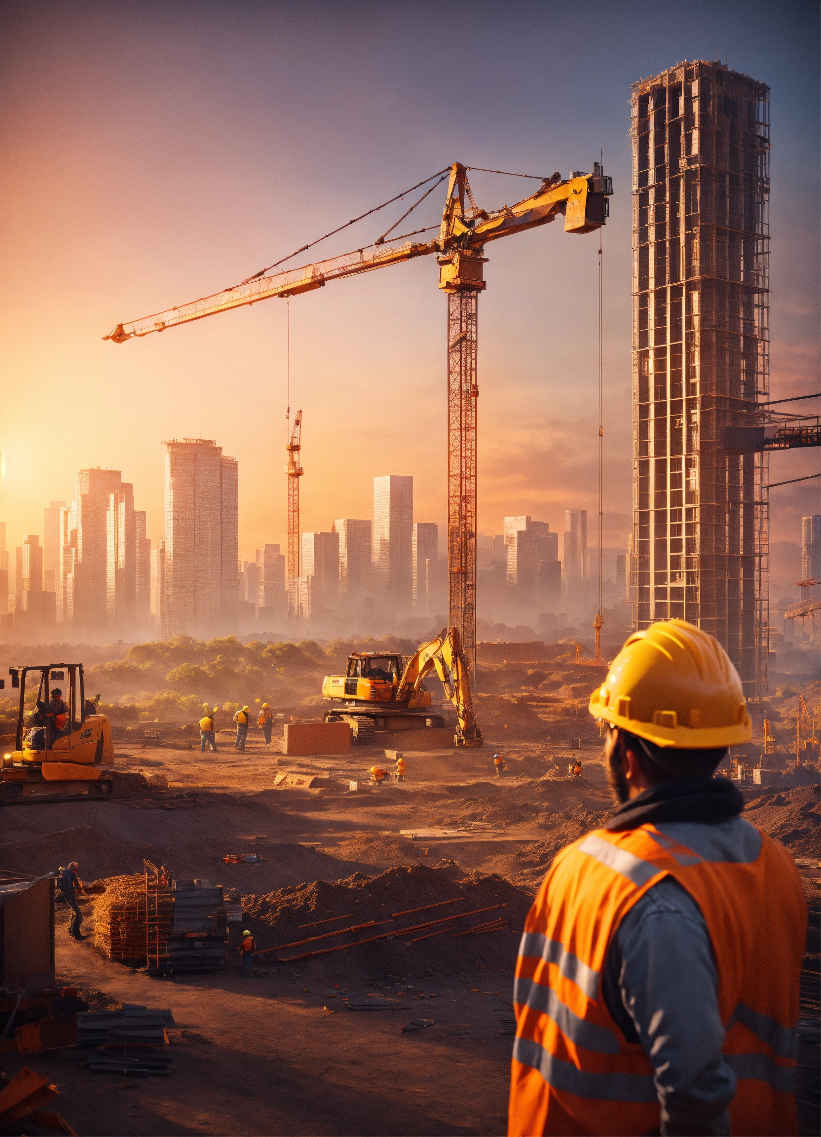 Lexica - Construction workers building a new city, orange skyline in ...