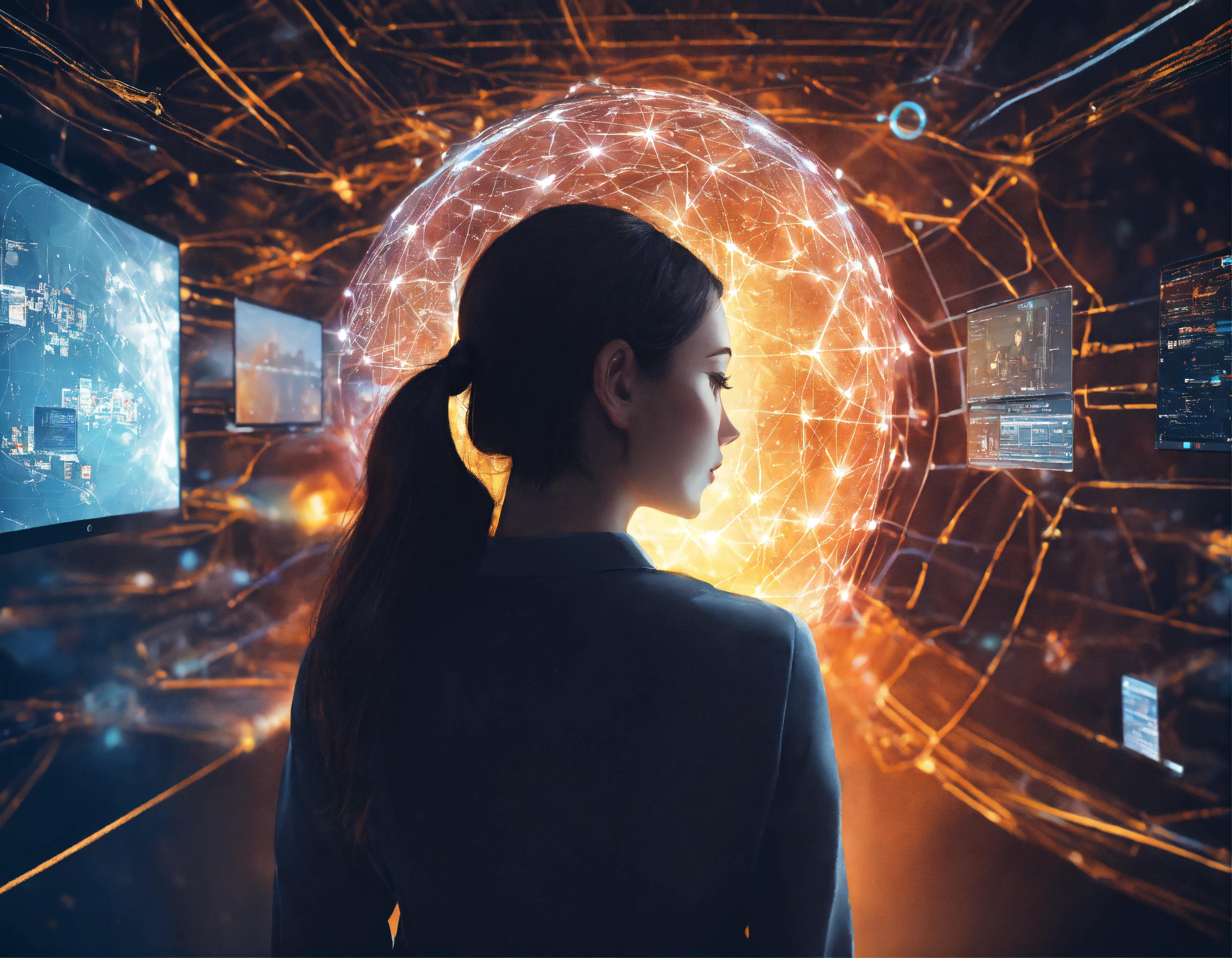 Lexica - Create an image of a woman connecting to a virtual digital world.