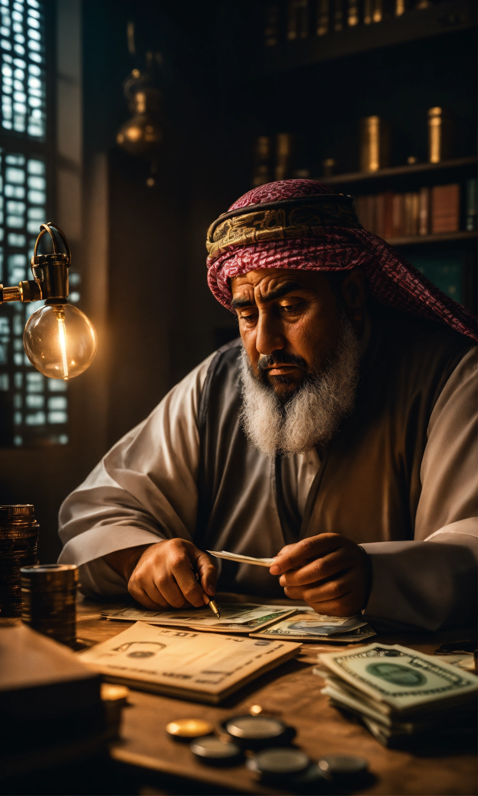 Lexica - Sad and depressed plump arab merchant, sitting in his office ...