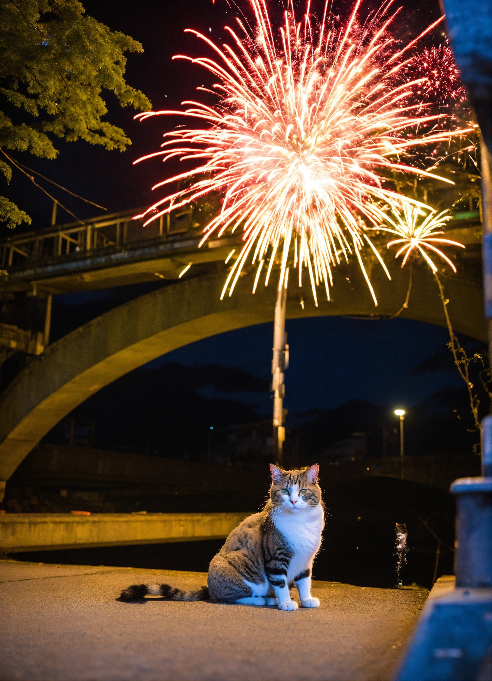 Lexica - A masked cat, under a bridge, firework, midnight falls, in ...