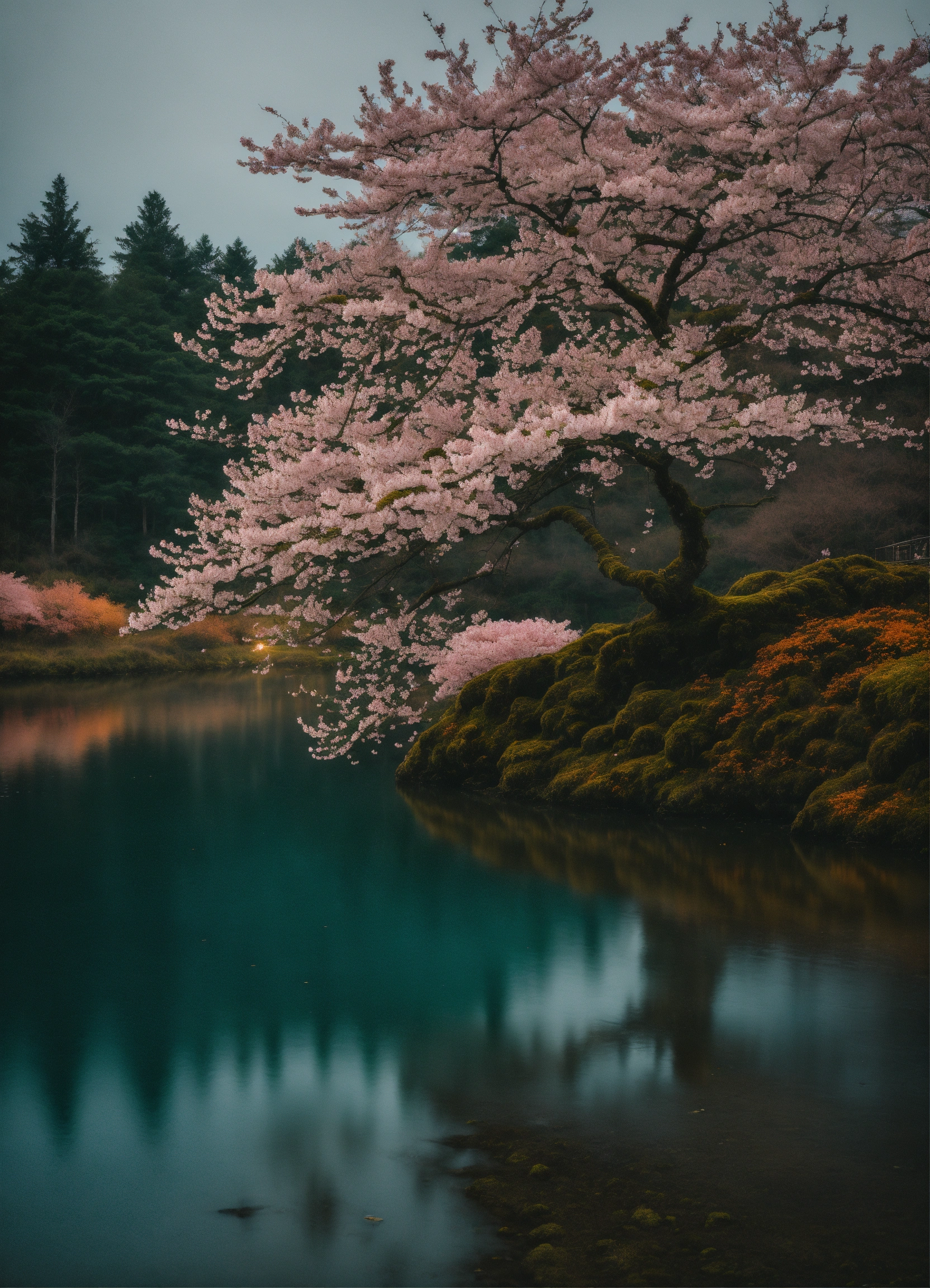 Lexica - Minimal, cinematic, a blooming cherry blossom tree, forest ...