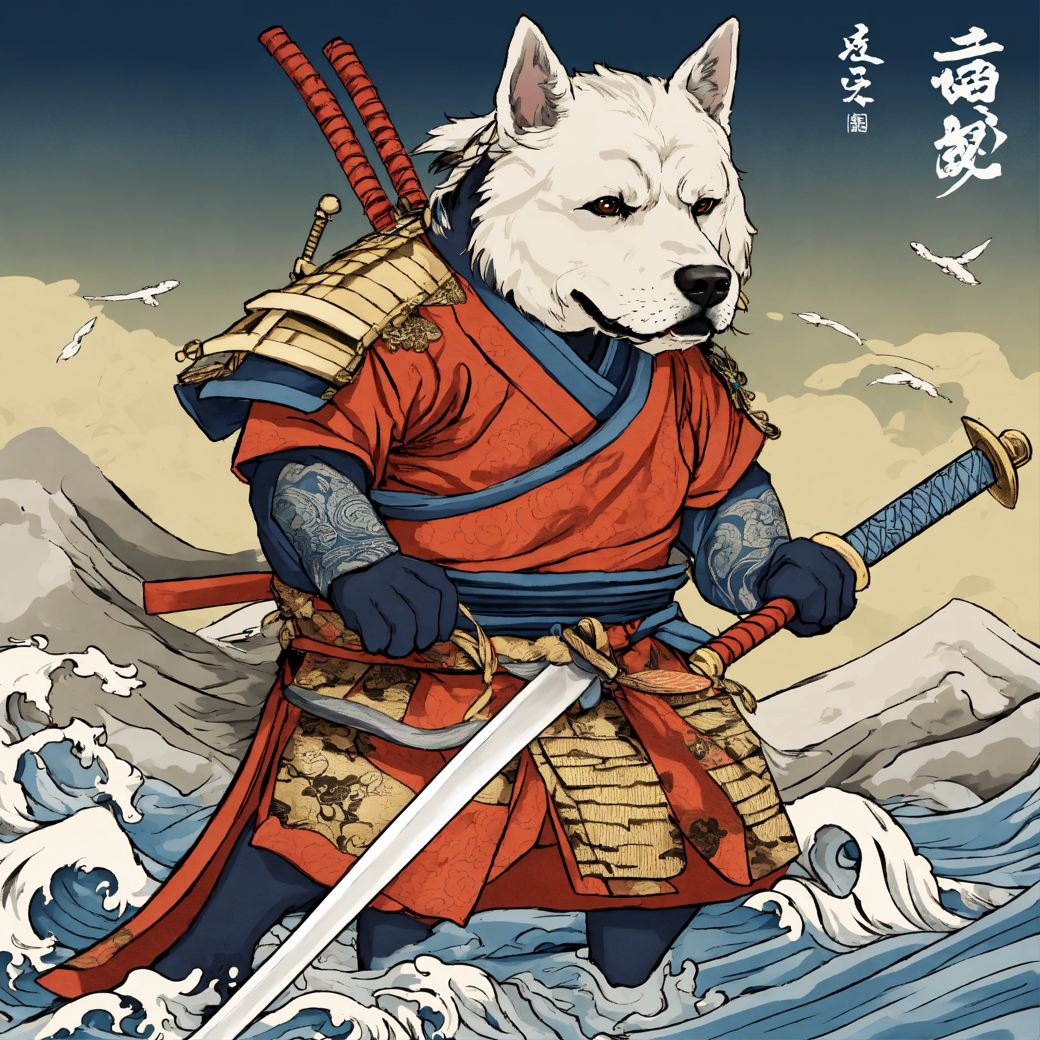 Lexica - There is a dog with a fish and a sword on a white background ...