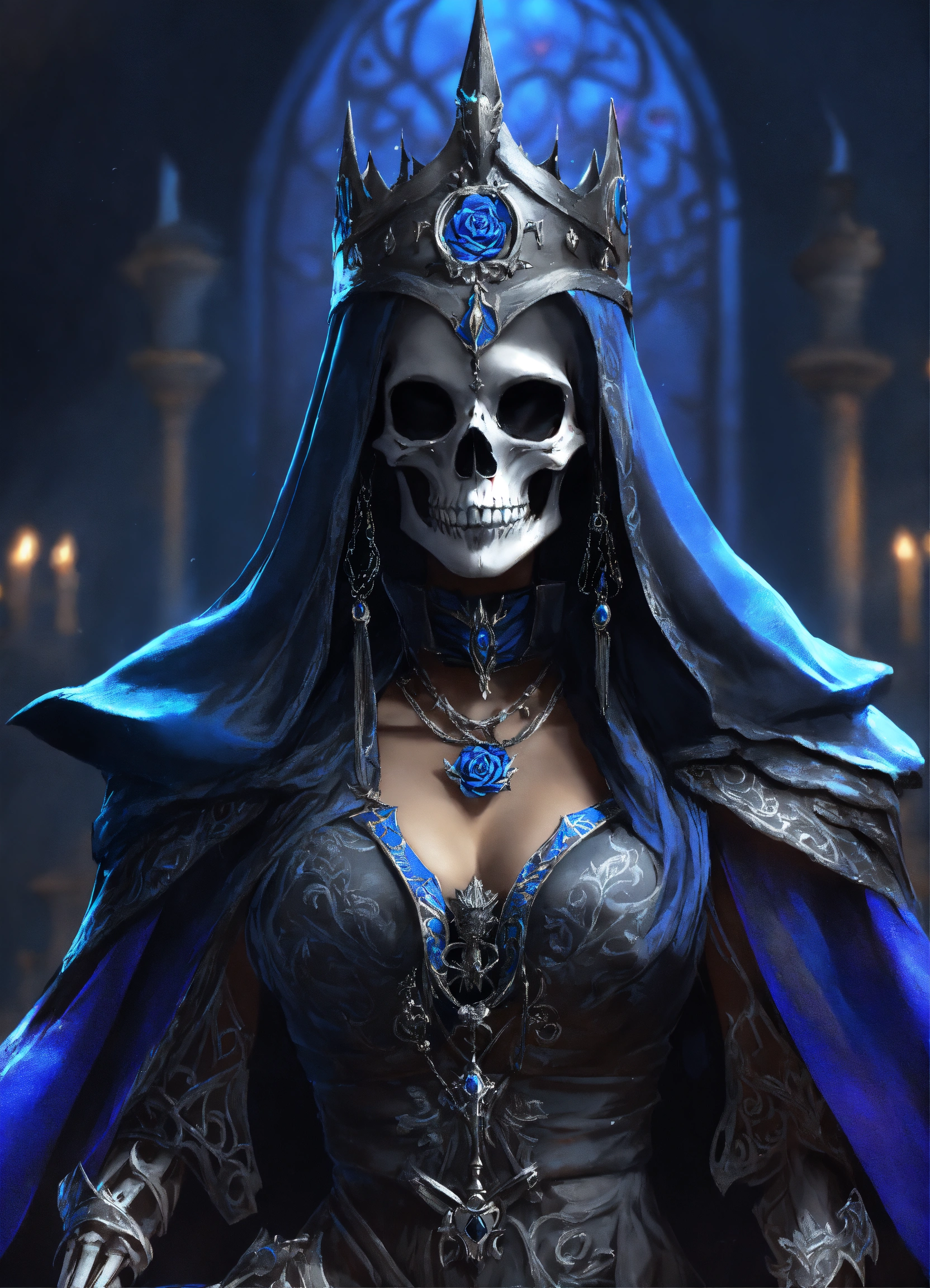 Lexica - Skeletal female lich queen with charcoal silk garbs covering her. A blue flag with a ...