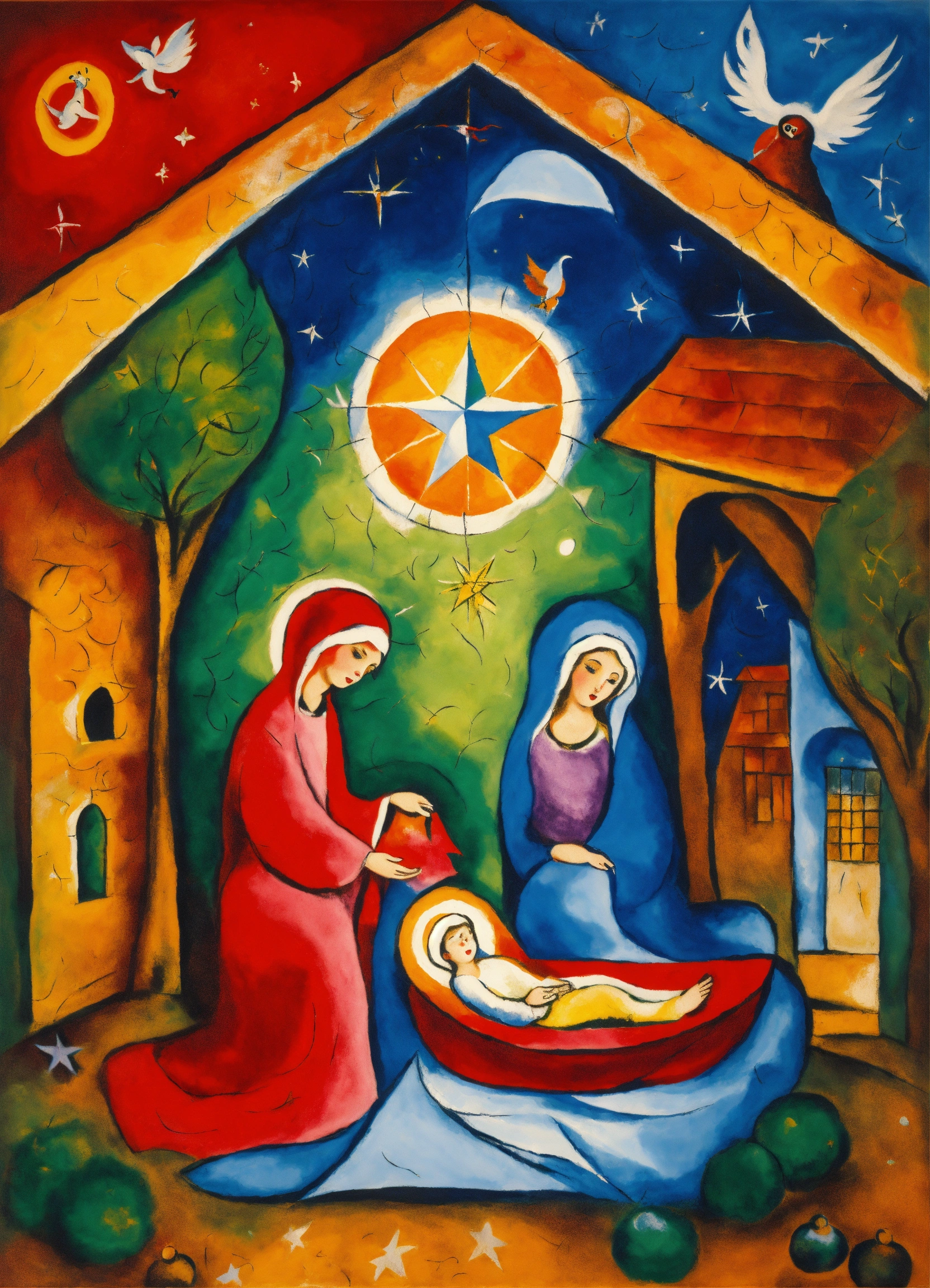 Lexica - Nativity Scene, a colorful painting in the style of Marc Chagall