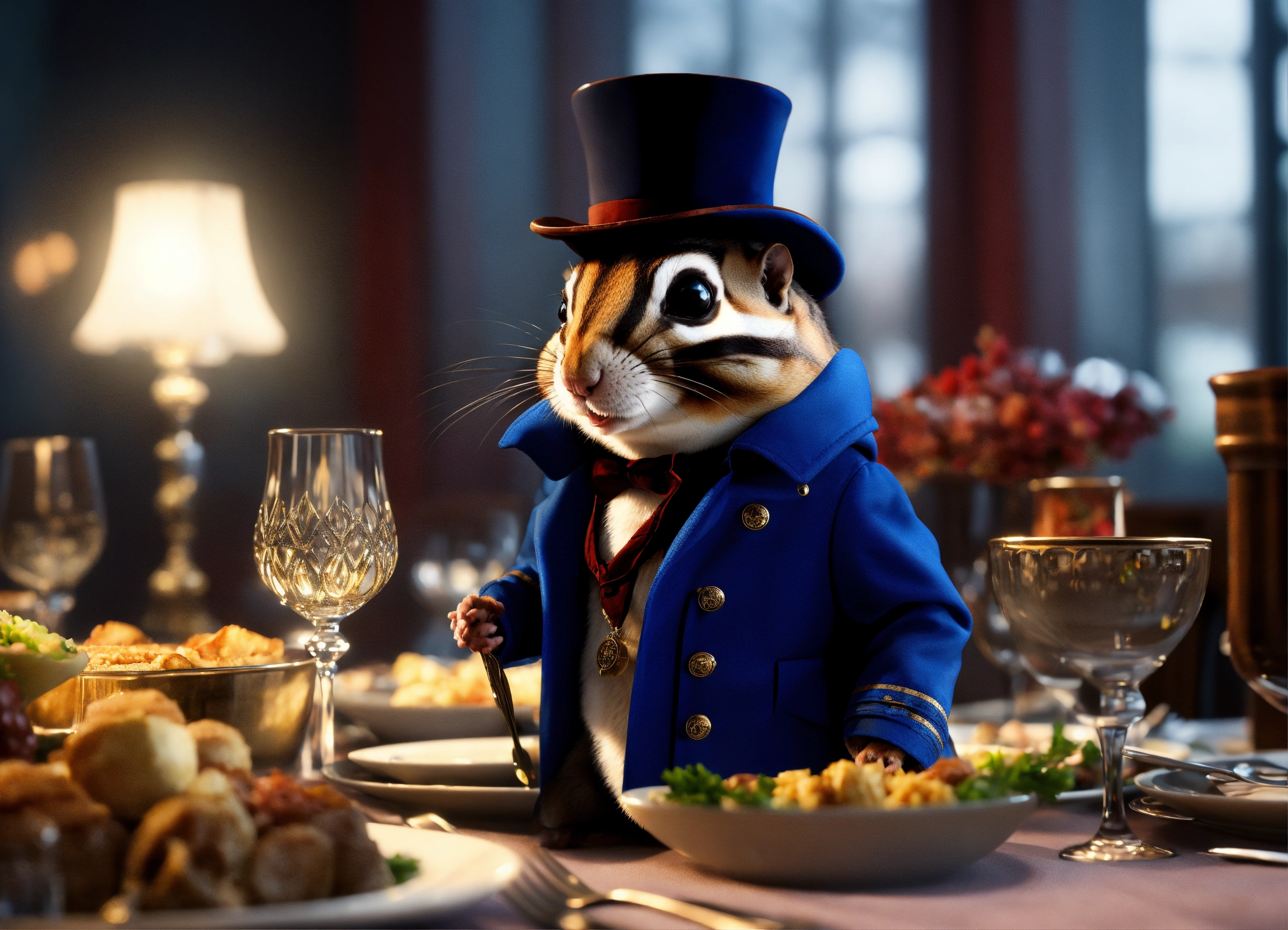 Lexica - A chipmunk wearing a blue victorian coat at a dinner party ...