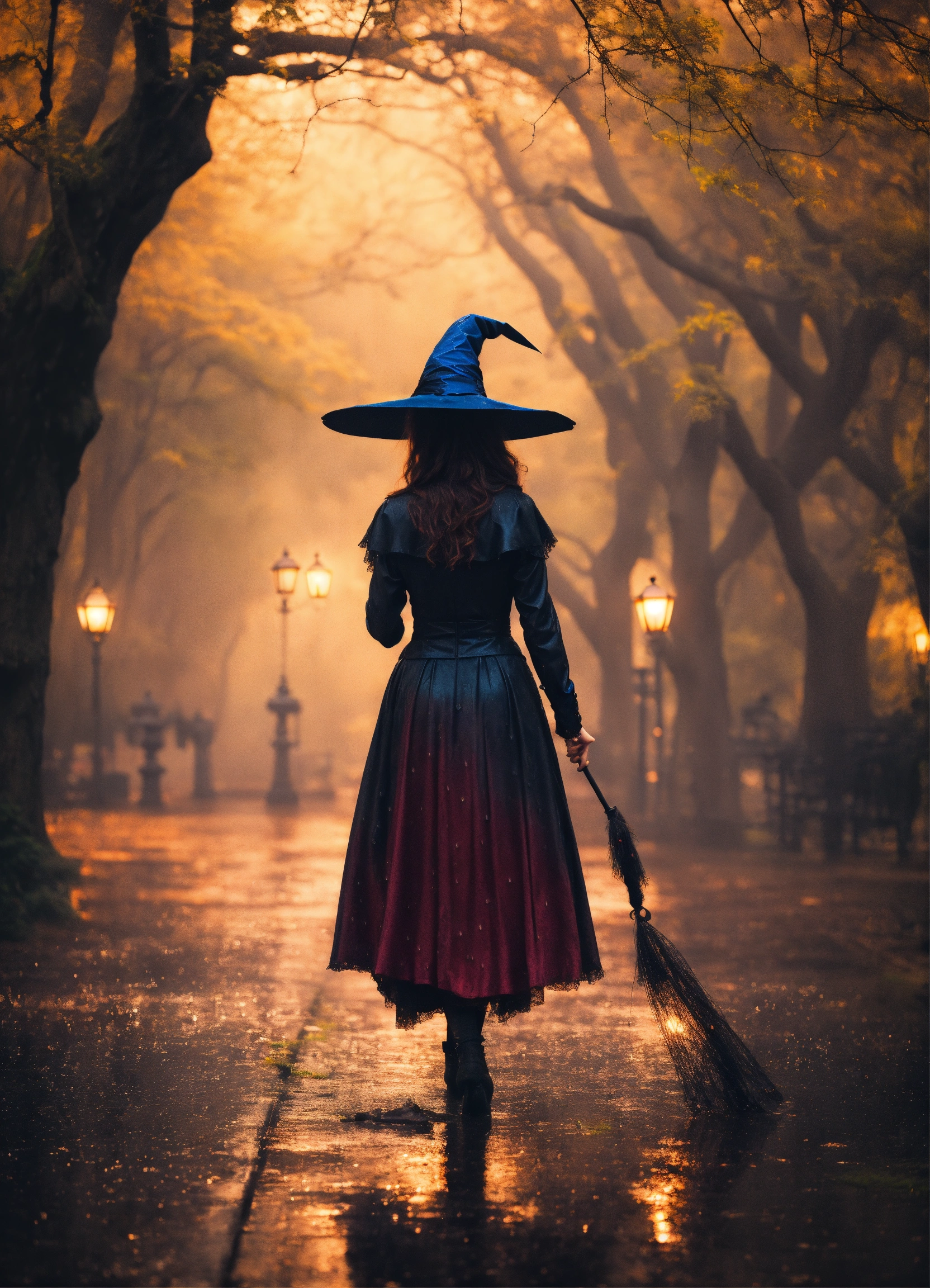 Lexica - Enigmatic witch in rain standing in a spellbound park
