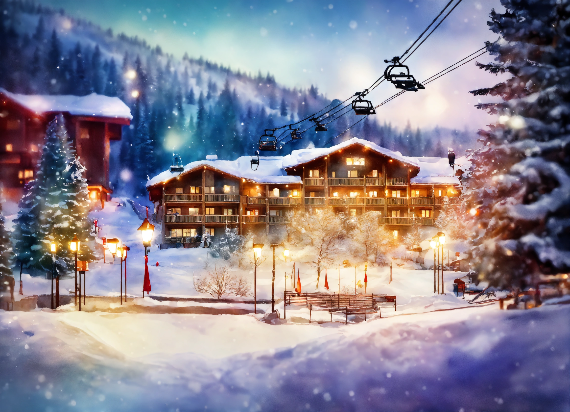Lexica - Outdoor winter scene at a ski resort and lodge. Ski lift in ...