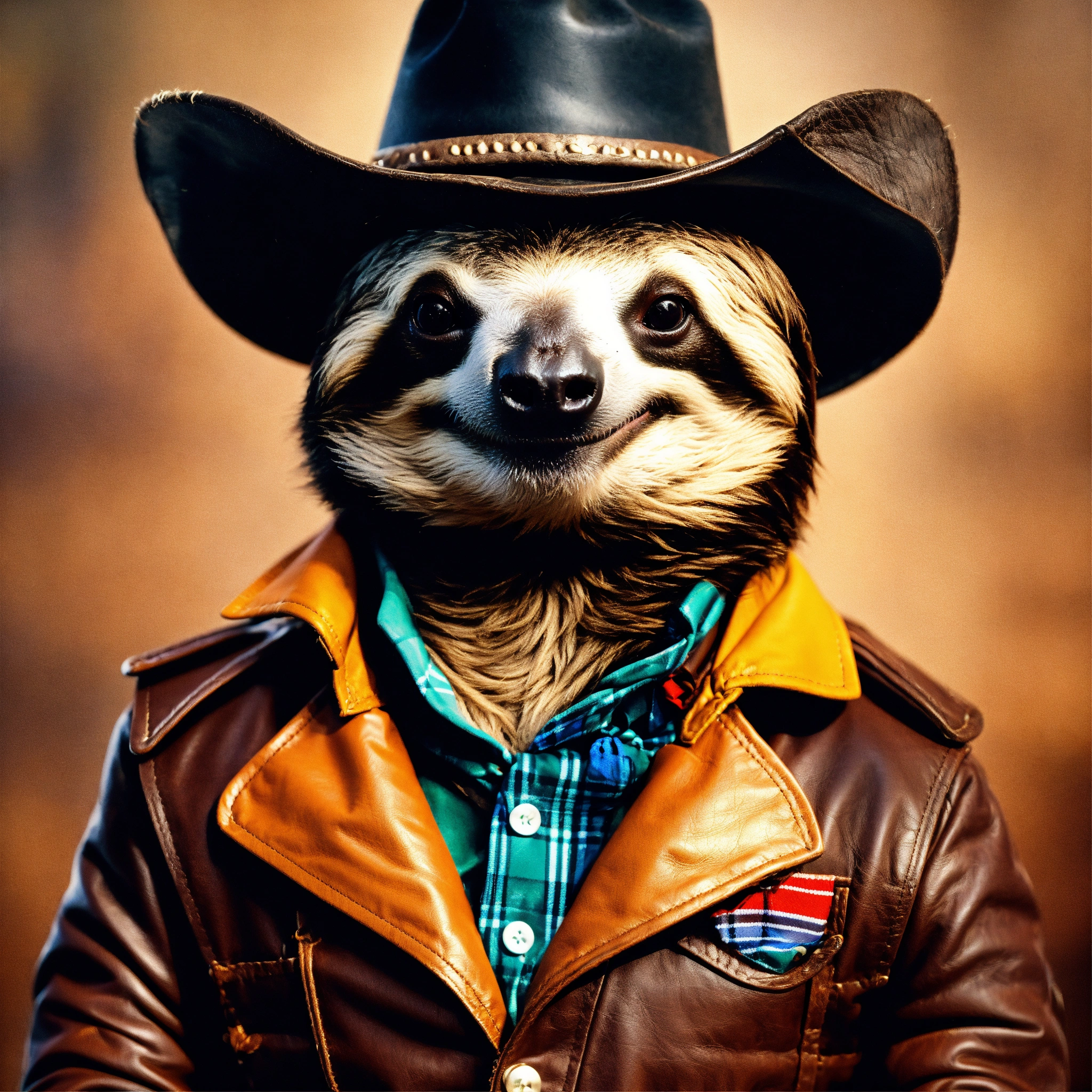 Lexica - A smiling sloth wearing a leather jacket, a cowboy hat, a kilt ...