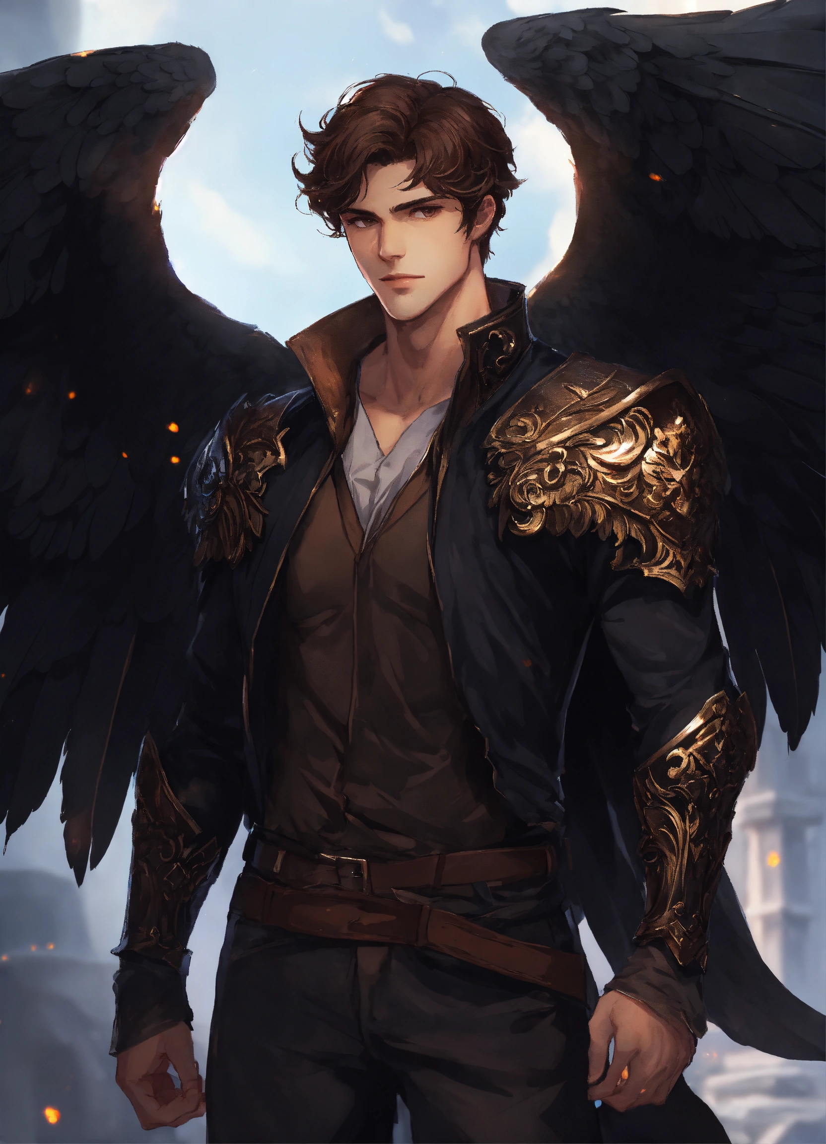 Lexica - A handsome man huge black angel wings, and short brown hair ...