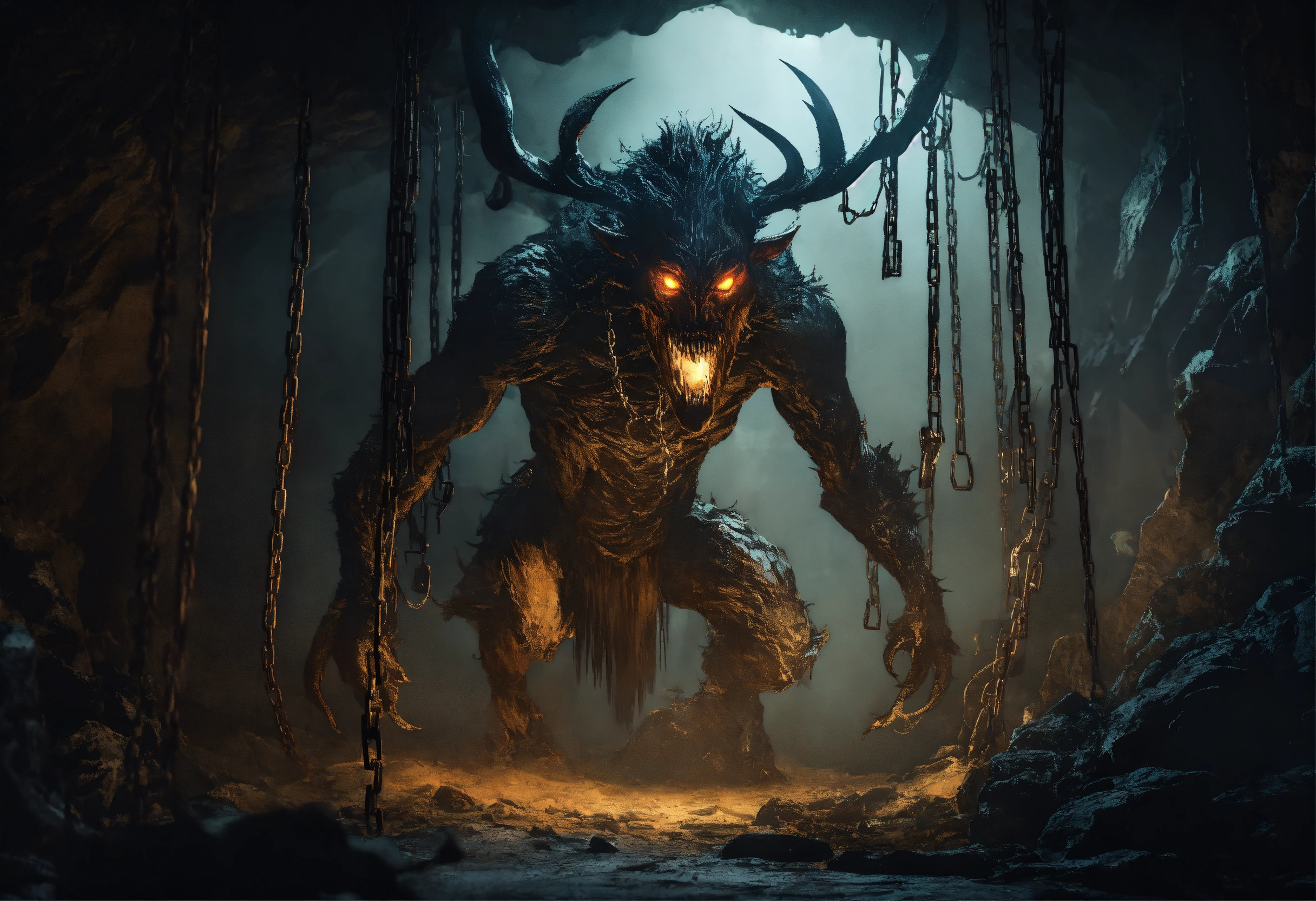 Lexica - Wendigo monster in A scary dark, deep cave with many chains ...