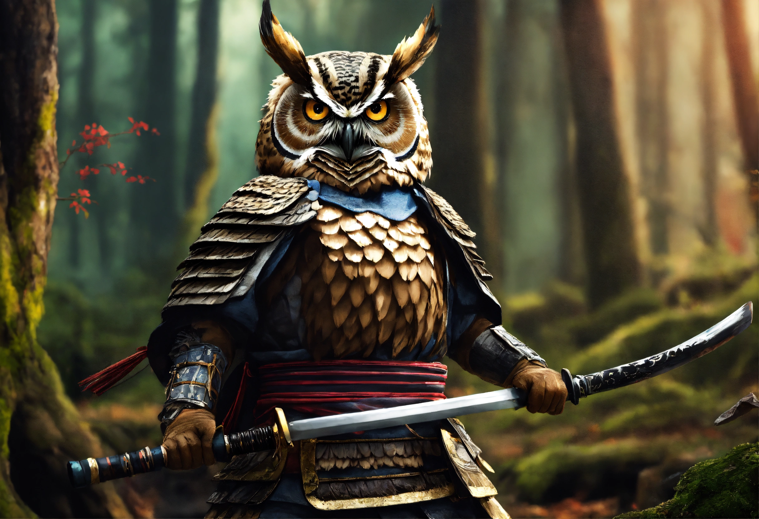 Lexica - Owl samurai with arms. Haunted forest. Hyper realistic.