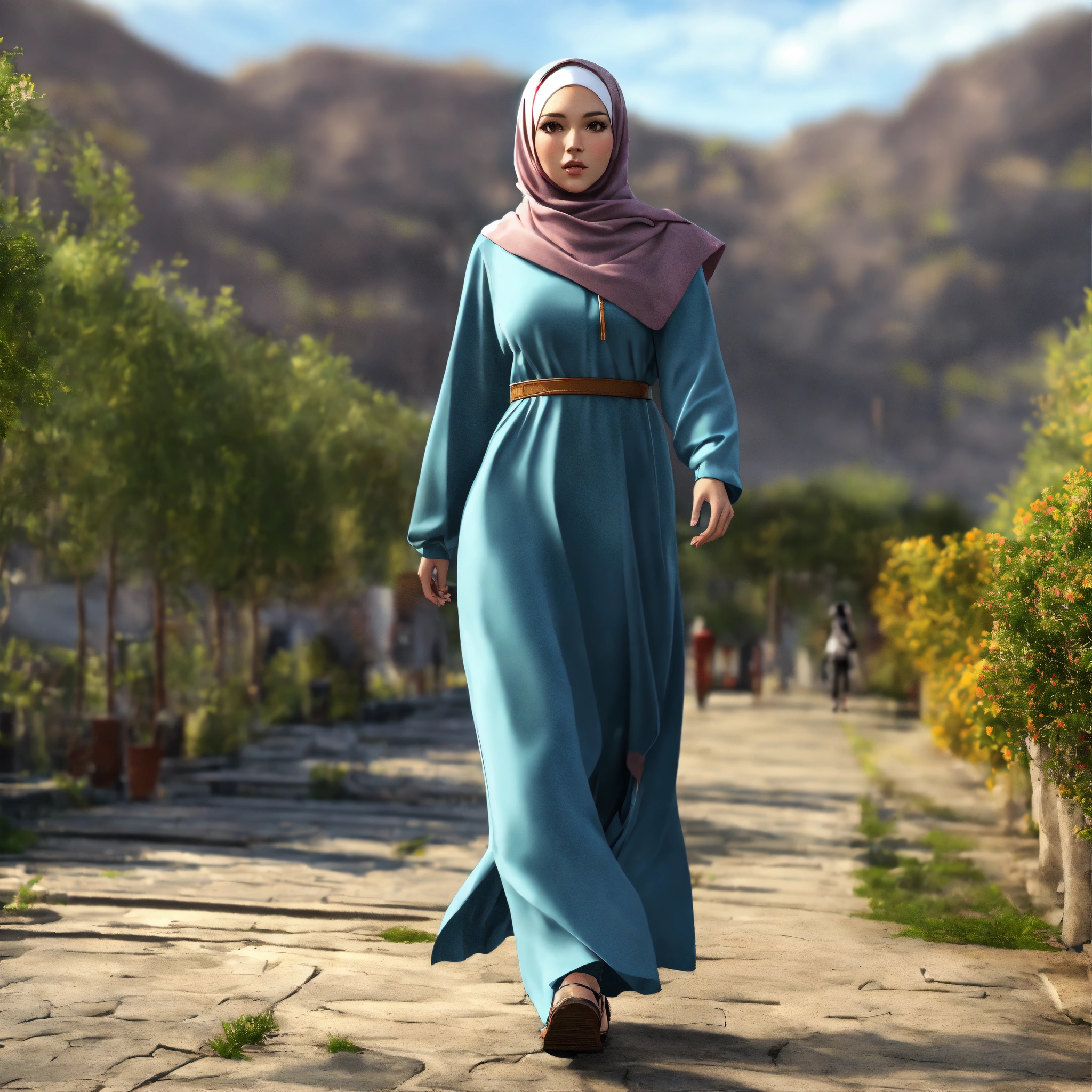 Lexica - Realistic render full body, she is walking away, wearing hijab