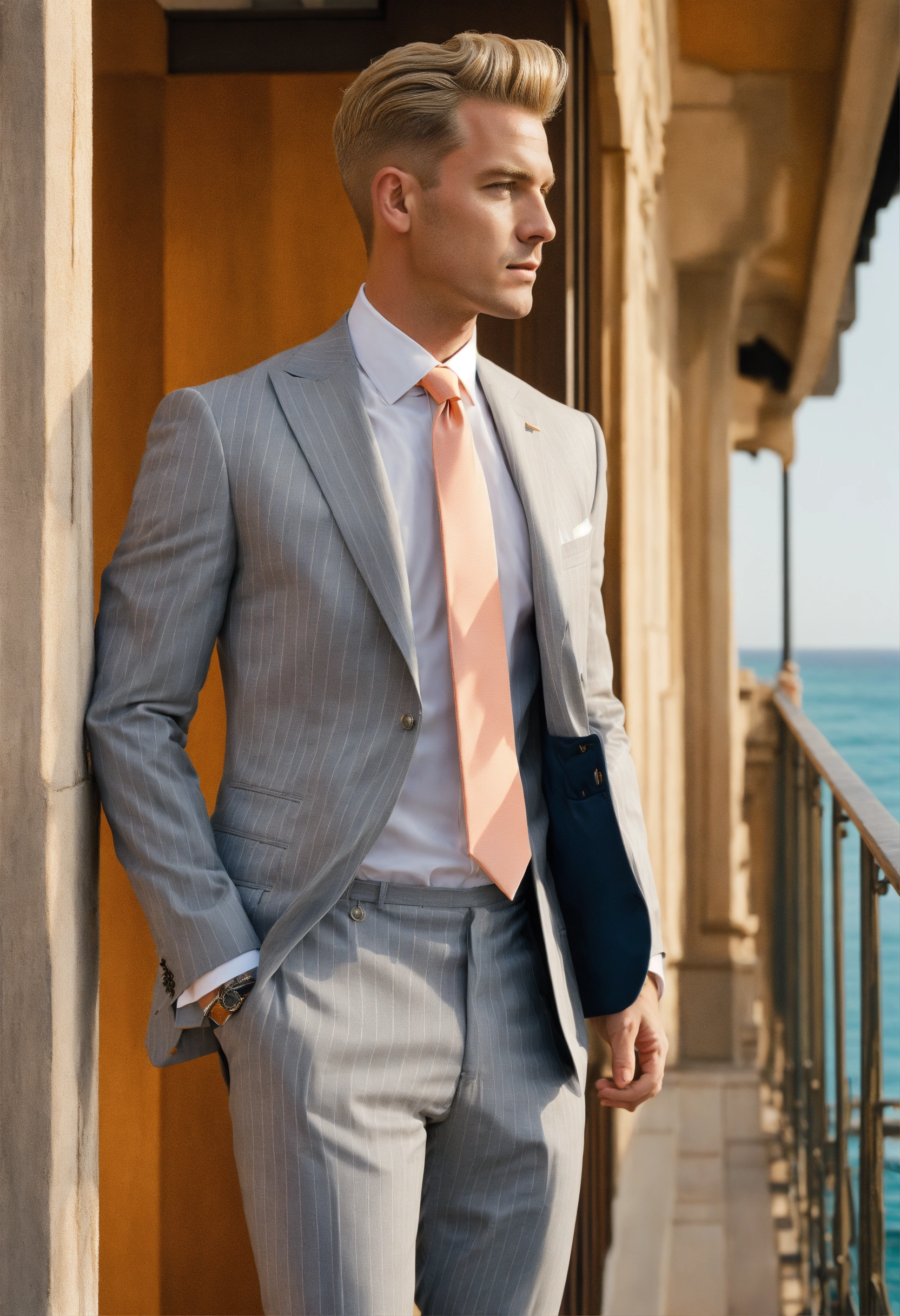 Lexica - A blonde male banker, light grey pinstripe vested suit, peach ...