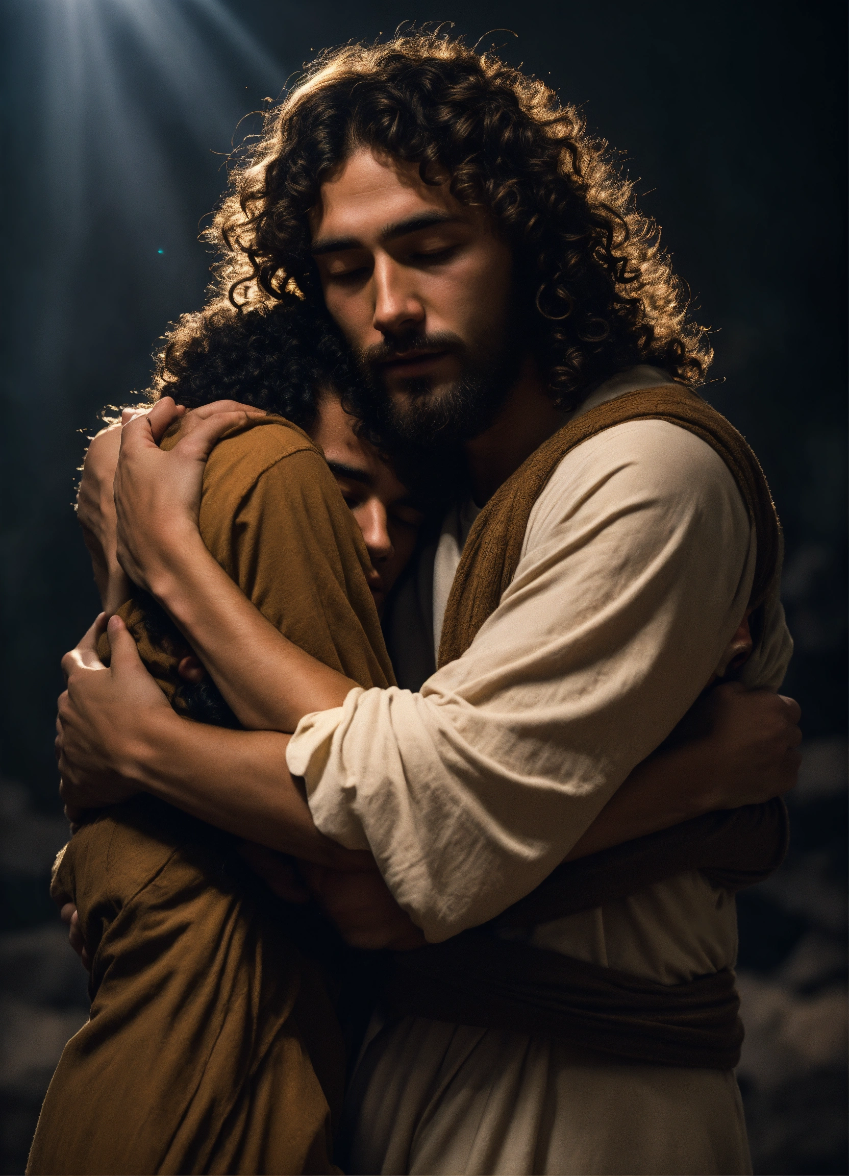 Lexica - JESUS HUGGING A HISPANIC CURLY HAIRED BOY 8K. SURROUNDED BY ...