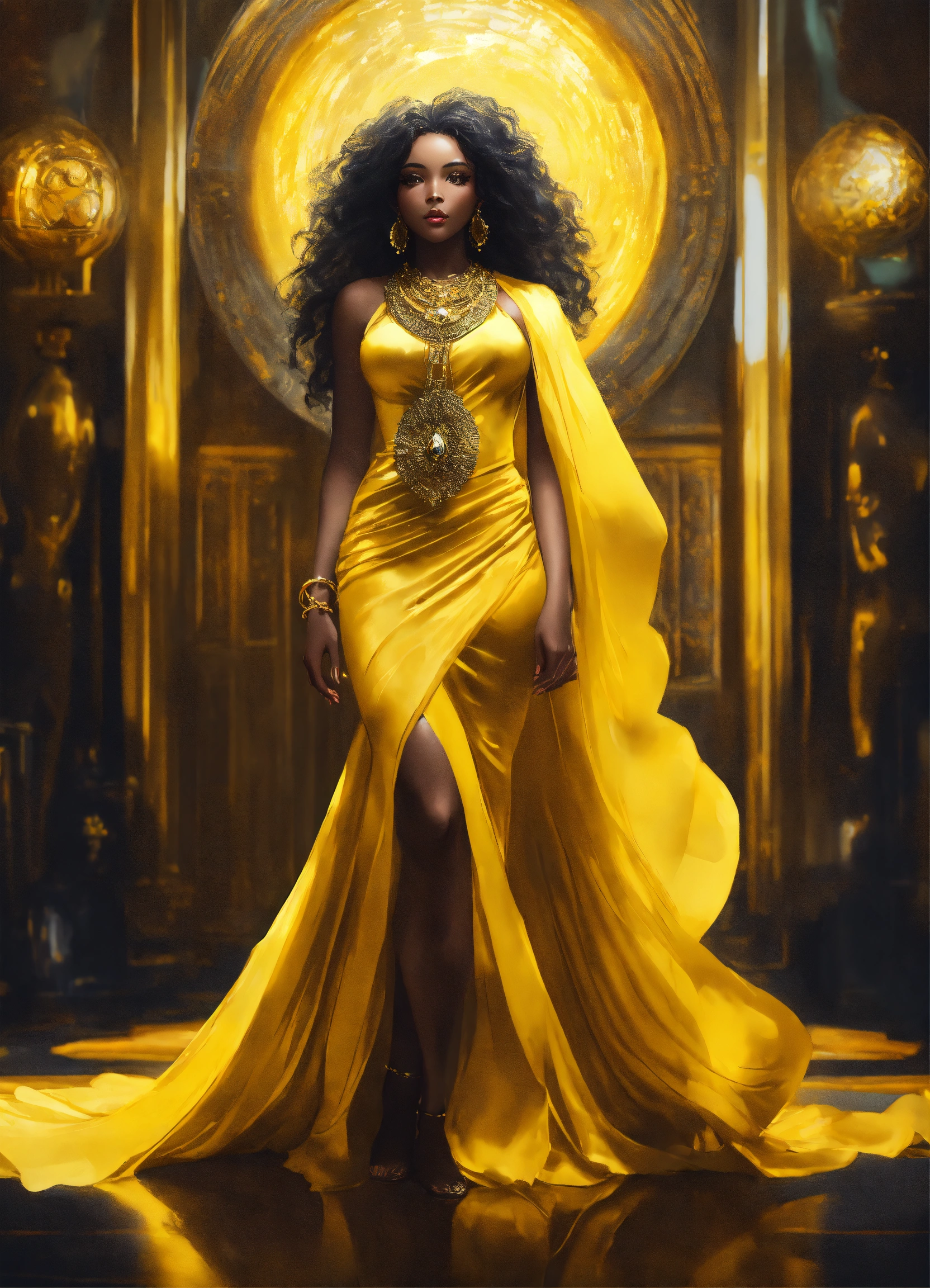 Lexica - Black goddess wearing flowing yellow dress, golden jewelry ...