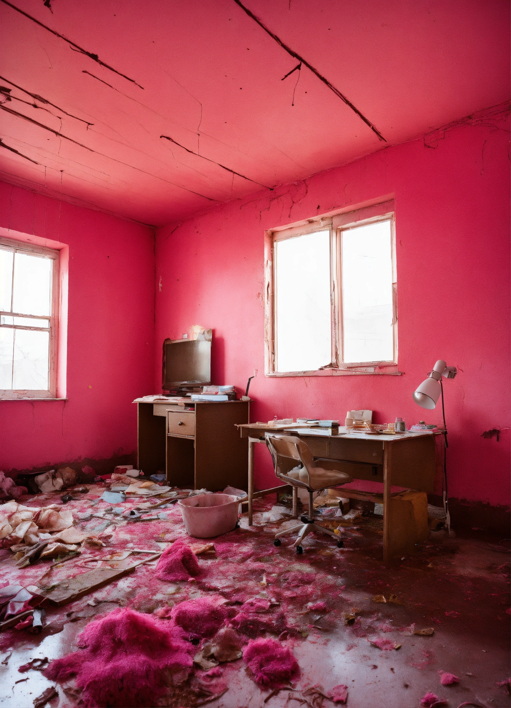 Lexica - Pink dirty room with broken minimalist furniture