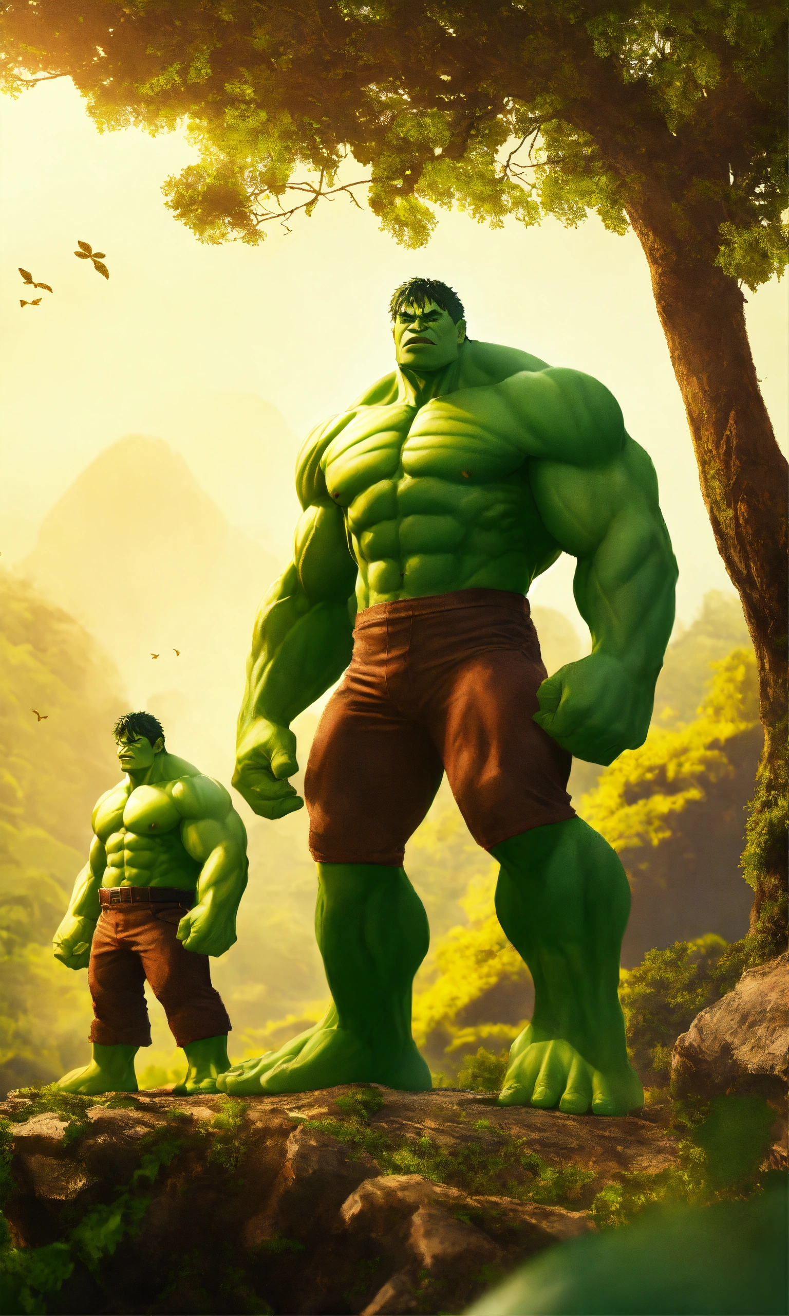 Lexica - 3 Hulk standing together, nature background, 2D render