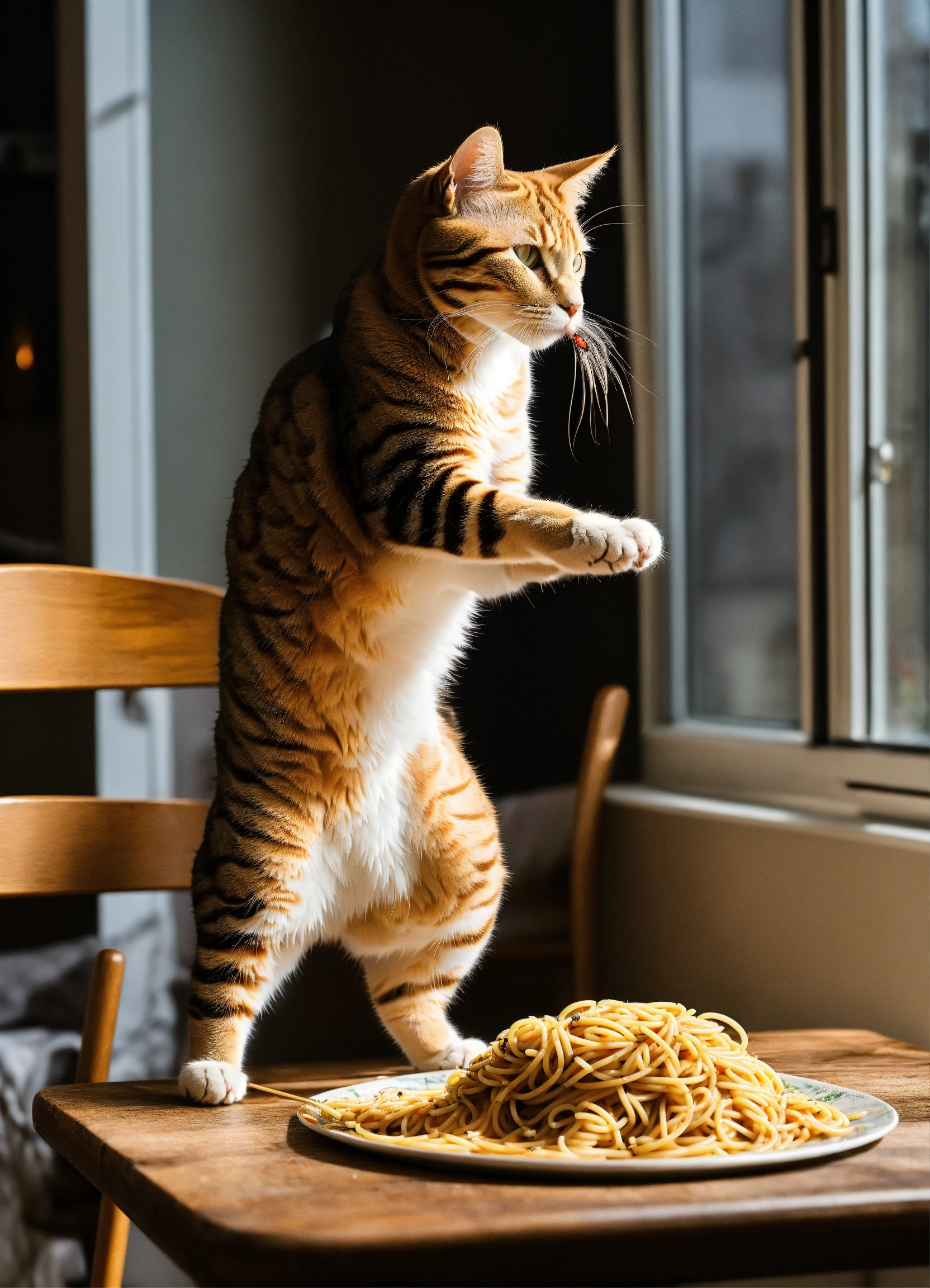 Lexica - A cat standing on 2 legs like a human, eating spaghetti