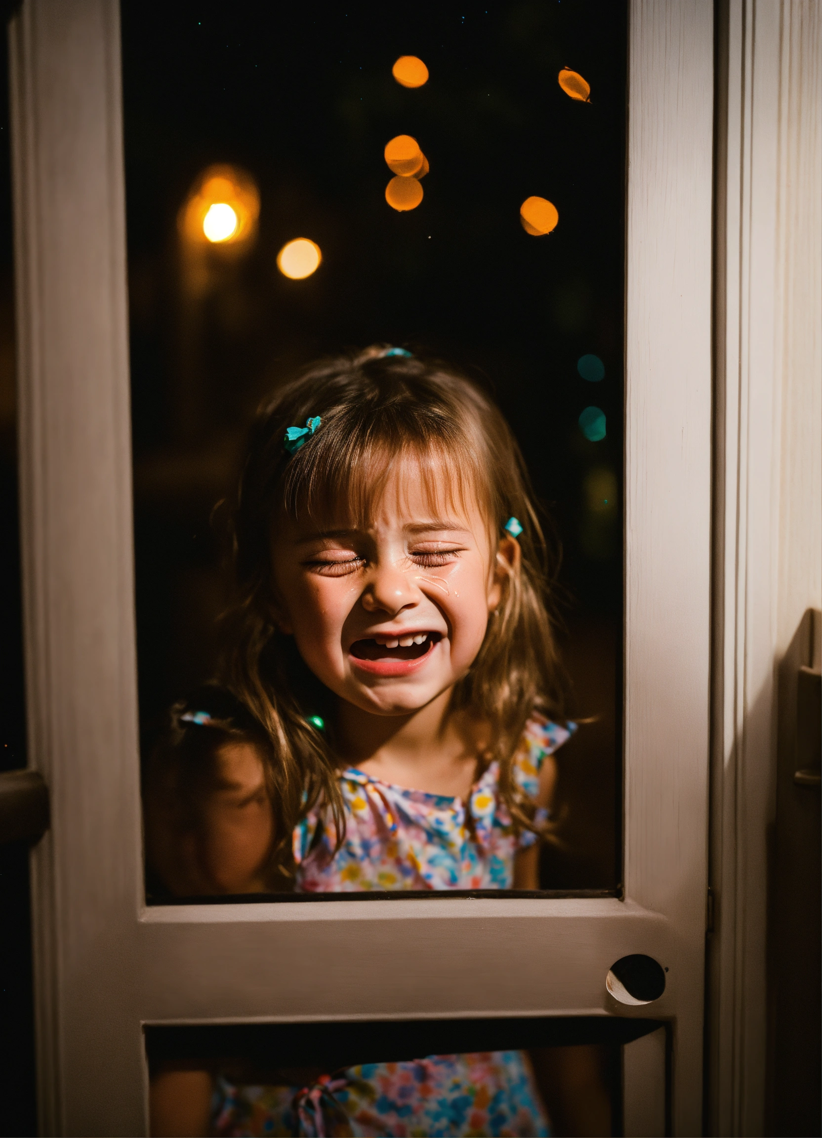 Lexica - Little birthday girl crying on home door in night