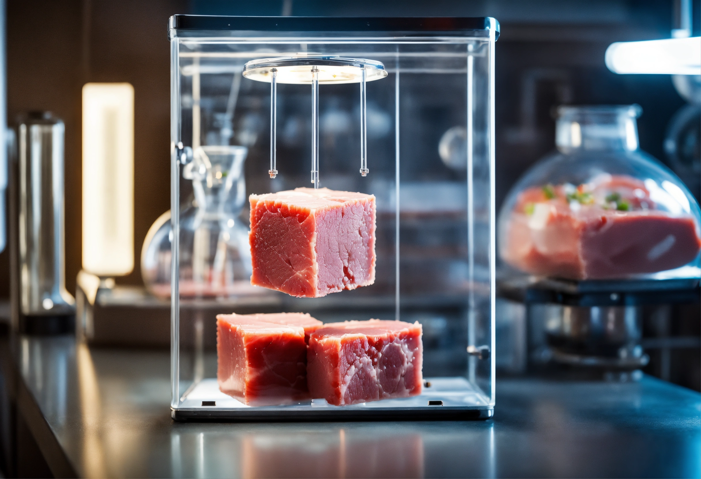 Lexica - Small cube of artificial meat in a futuristic scientific ...