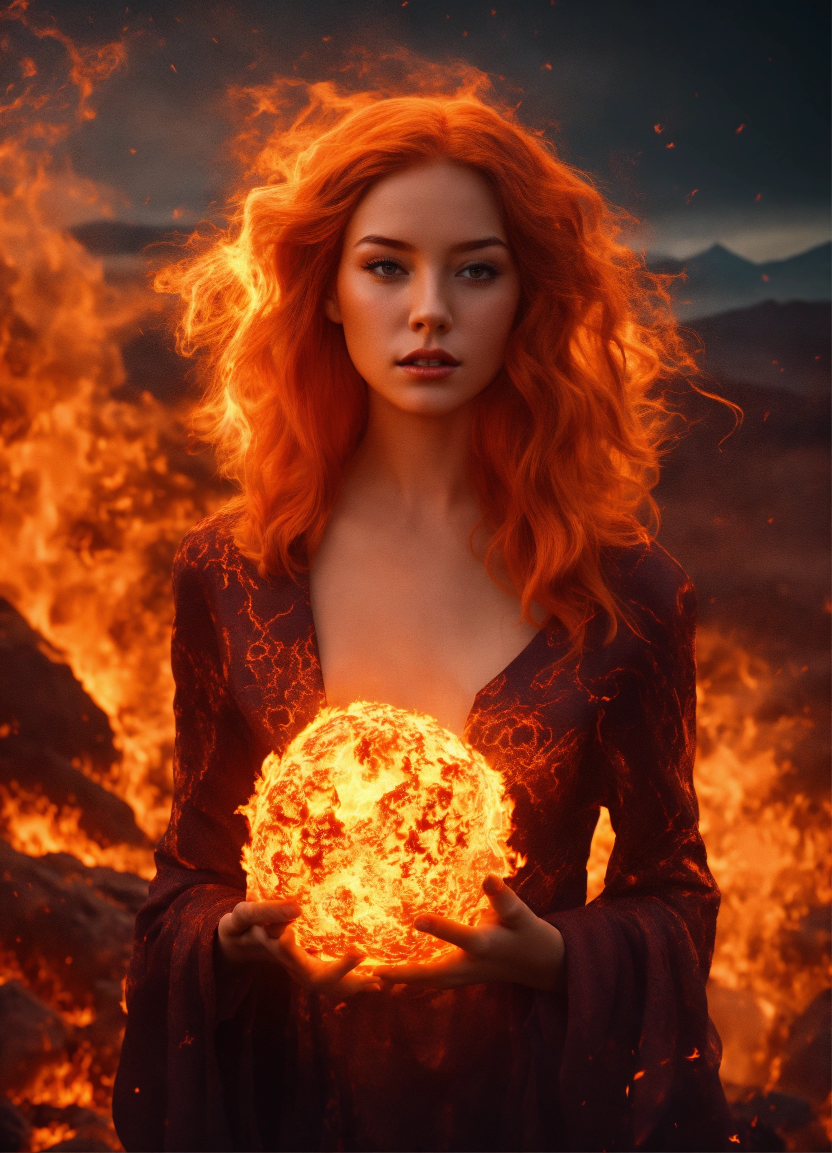 Lexica - A woman made out of fire and she has hair made of flames, dark ...