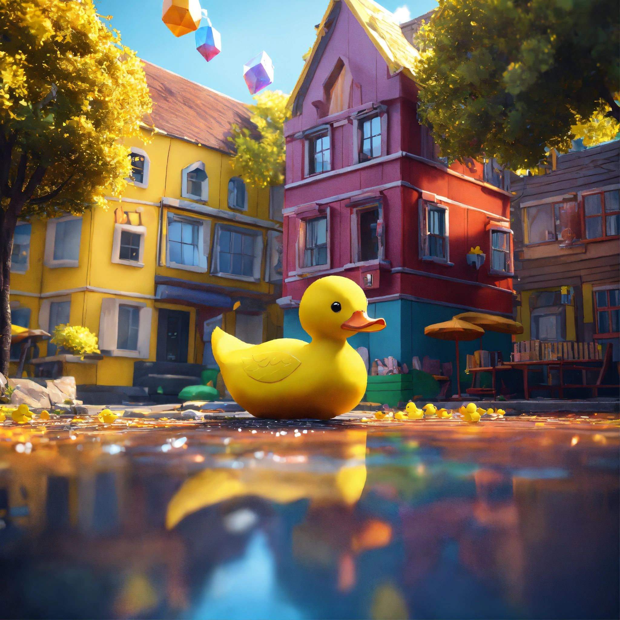 Lexica - A cute yellow cube duck in a cube and prism town, unreal ...