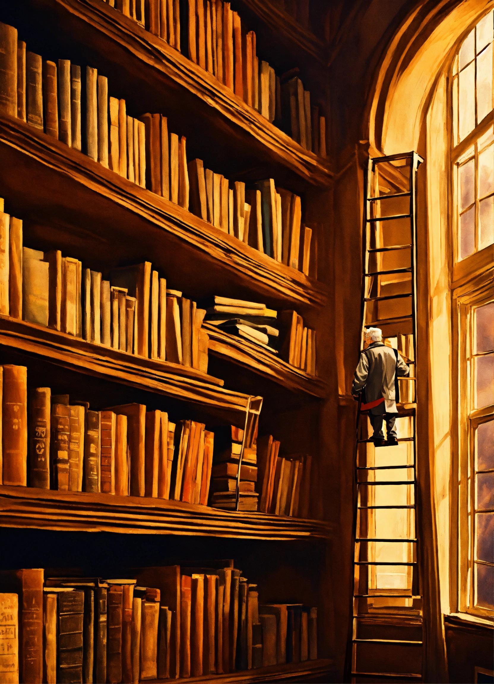 Lexica - An old male librarian on a 200ft tall ladder, looking for a ...