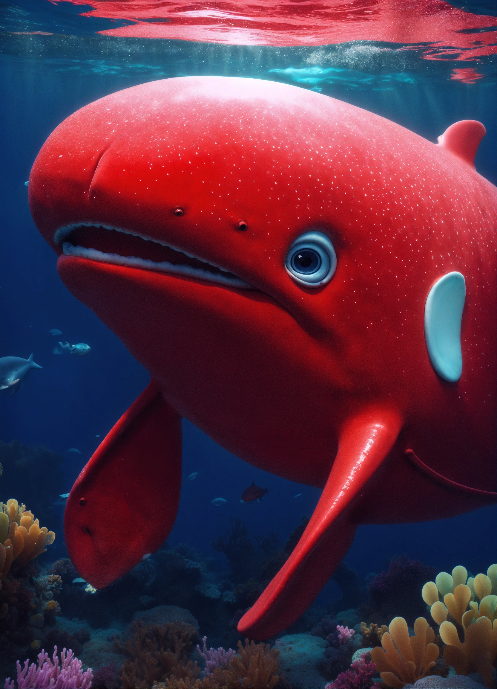 Lexica - A cute all red baby whale with big eyes, animated, cartoon ...