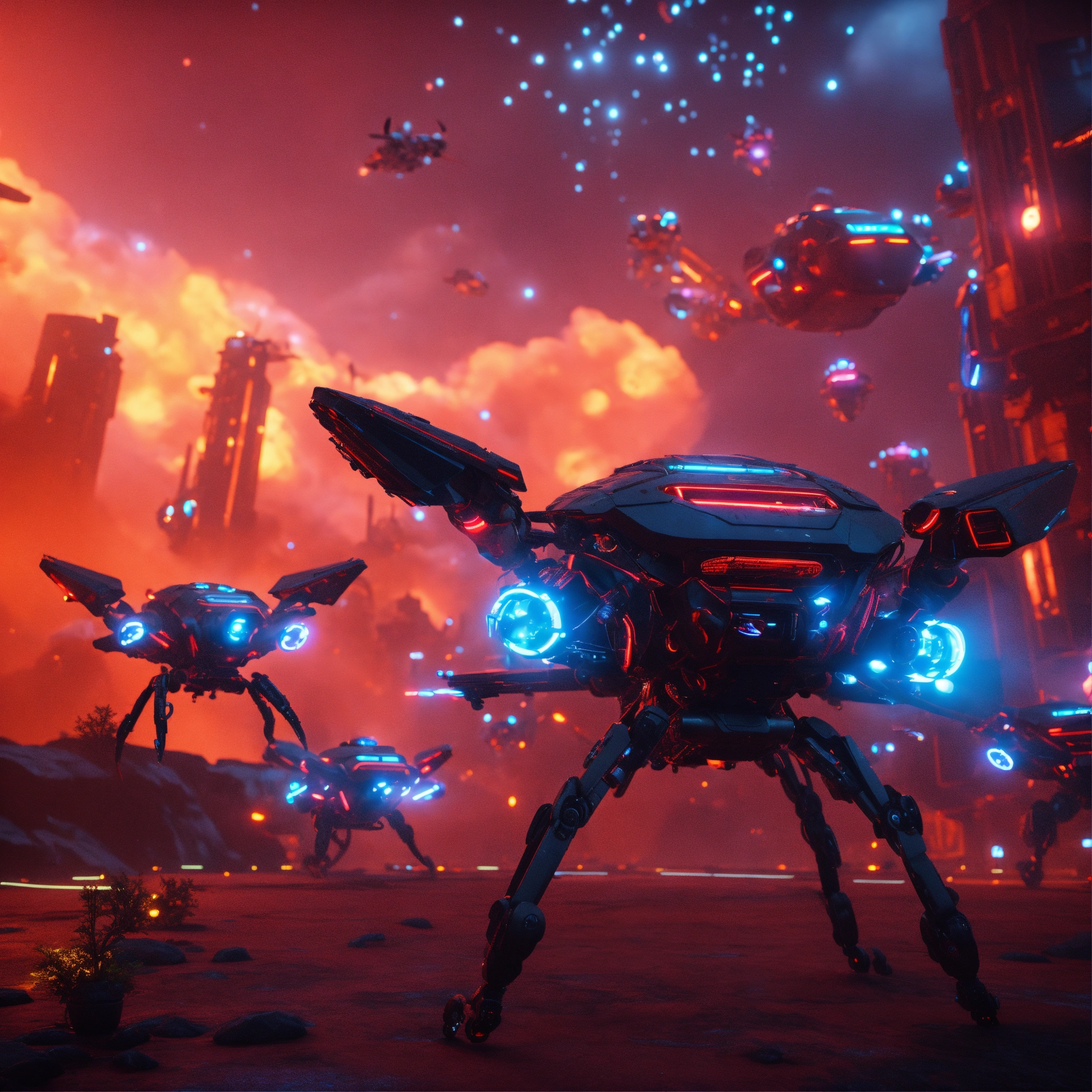 Lexica - 5 flying black patrol bots with robotic tentacles, luxury ...