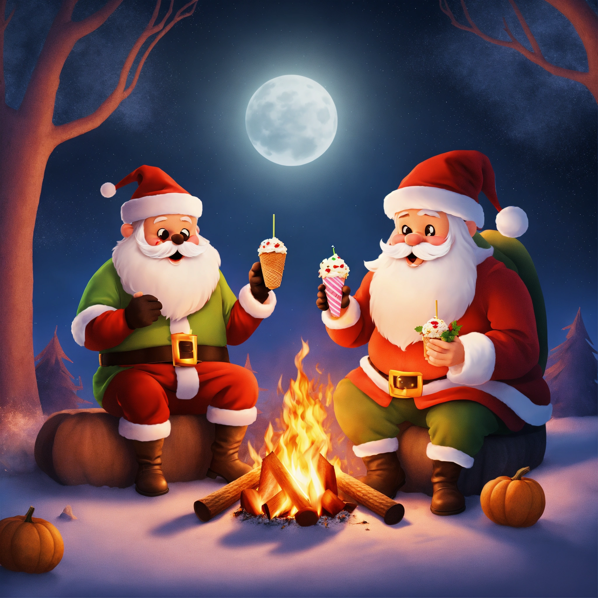 Lexica - Santa claus and rudolph eating a icecream around a bonfire ...